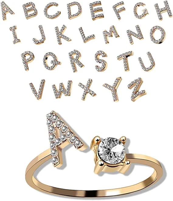 Airstra Initial Letter Ring for Women Girls Stackable Alphabet Rings Adjustable gold plated 26 Inlaid CZ Initial Rings Bridesmaid Gift Jewelry(G