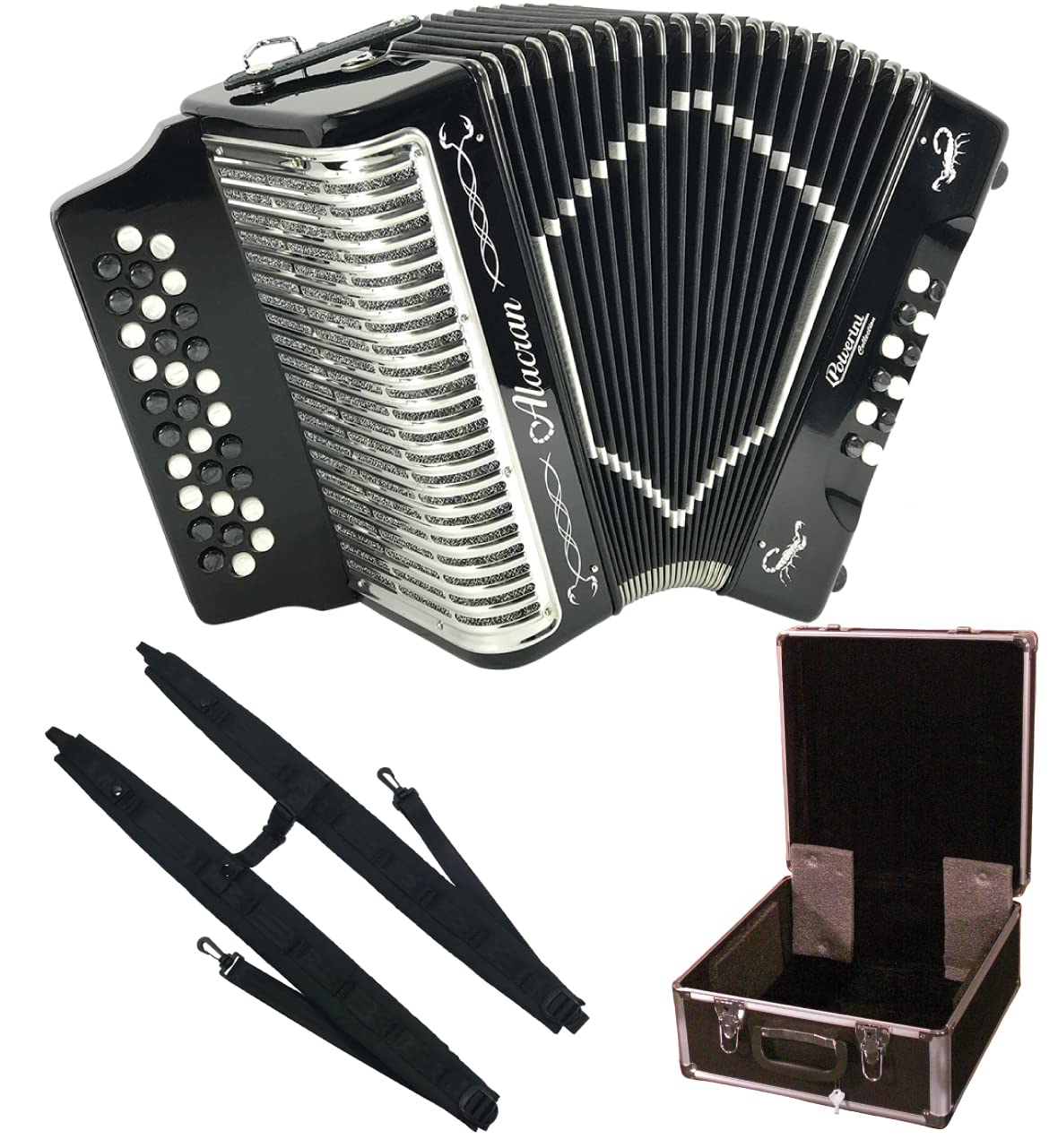 Alacran AL3112 Accordion Package: 31 Button, 12 Bass Accordion with Rigid Case and Adjustable Straps (Sol/GCF, Gloss Black)