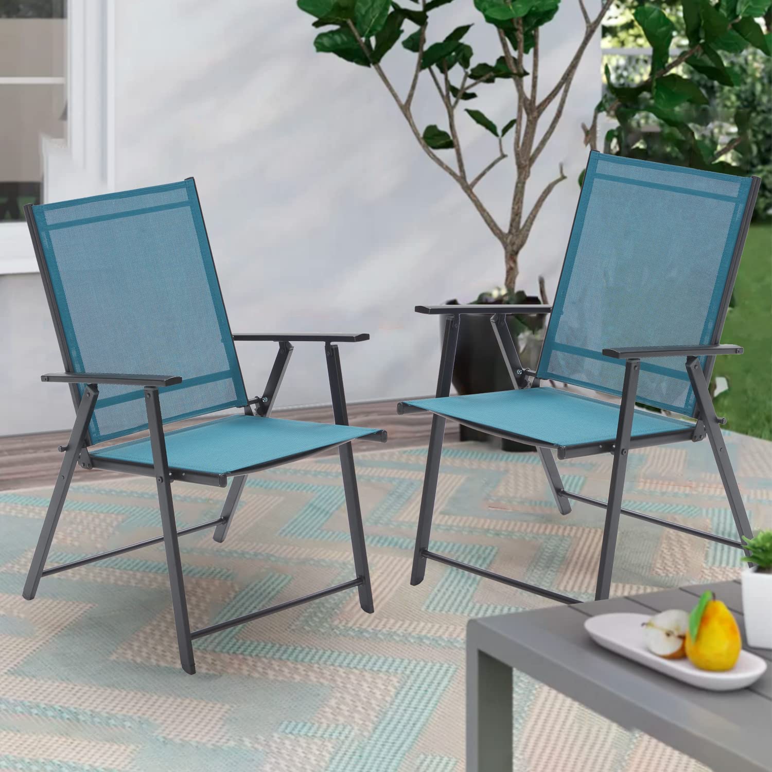 VICLLAX Outdoor Folding Patio Chairs with Arms, Portable Patio Dining Chairs Sling Back Chairs for Garden, Set of 2