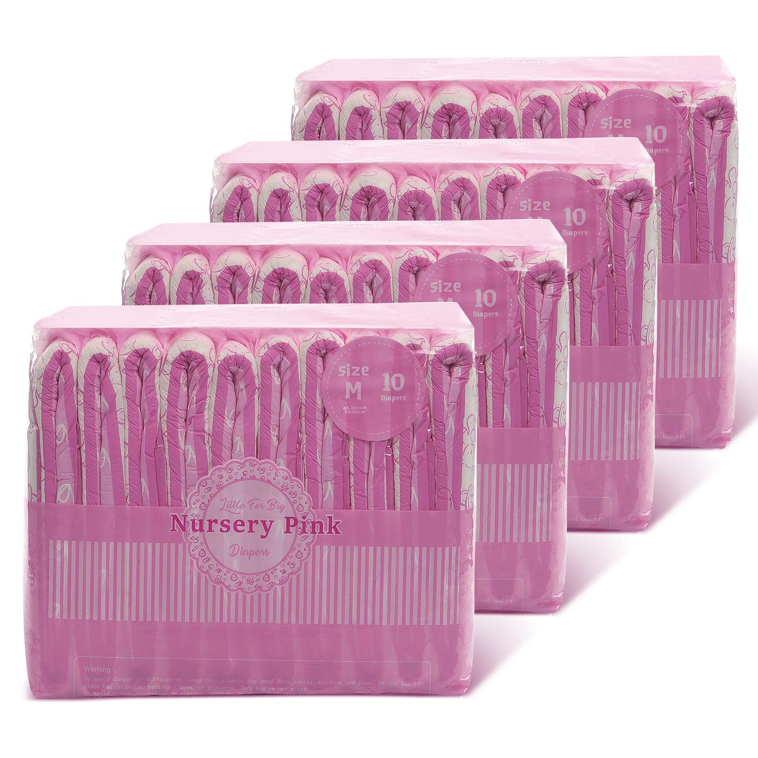 Littleforbig Adult Printed Diaper 40 Pieces (4 Packs) - Nursery Pink (Medium 28"-38")