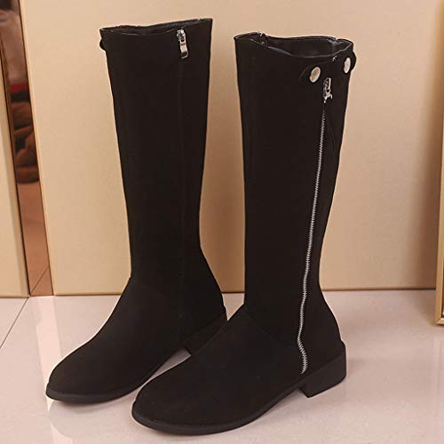 Fheaven Women's Flock Side Zip Knee High Boots Buckle Low Heel Casual Middle Tube Booties
