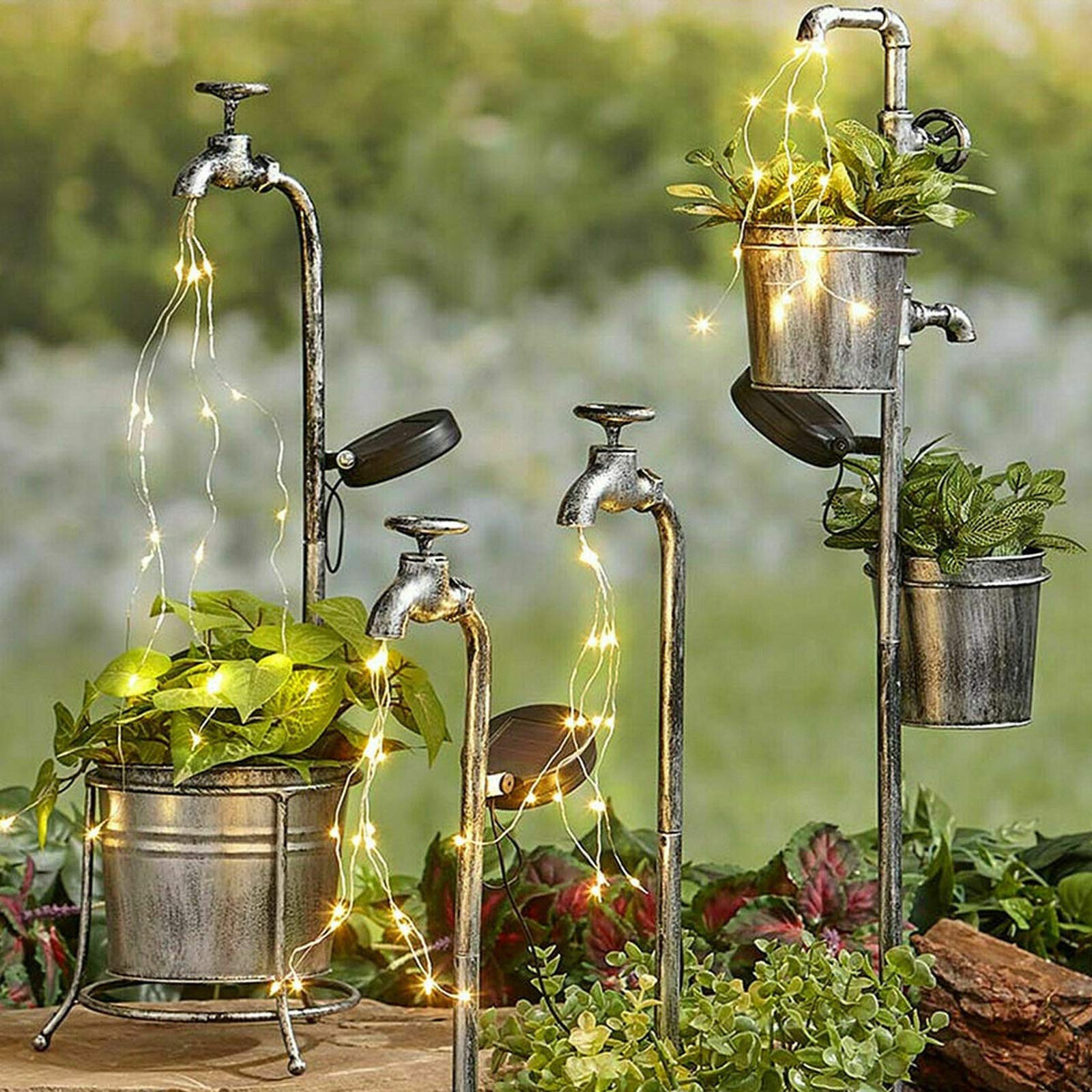 Fragarn Star Shower Garden Art Light Decor Solar Water Faucet and Plant Pot Lights Outdoor Decoration Stainless Waterproof Landscape for Patio Pathway Lawn Yard