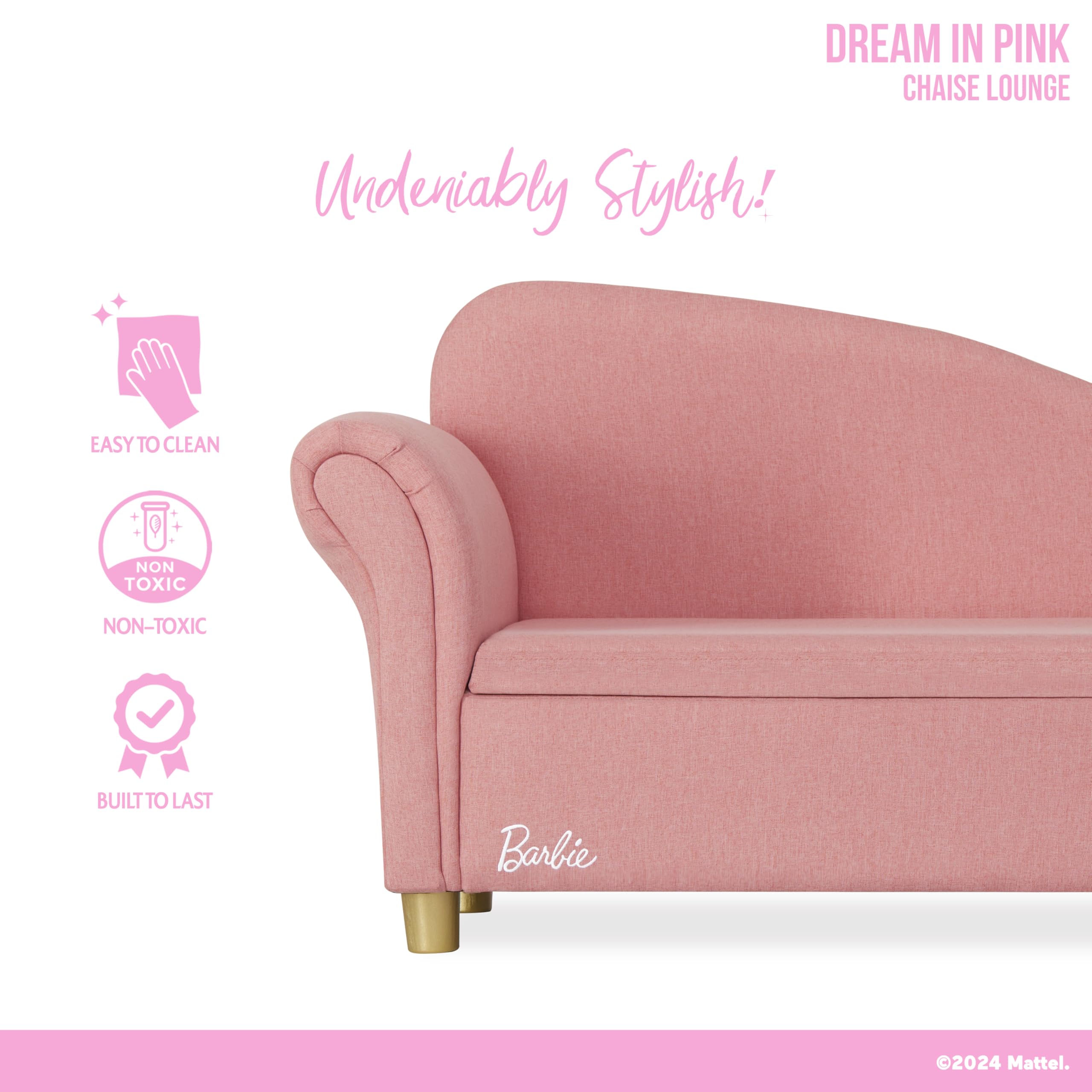 Evolur Barbie Dream in Pink Chaise Lounge, Wrapped in Soft & Durable Linen Upholstery, Ample Storage Below The seat, Comfortable Rolled arm Rest with Stylish Raised Back Rest