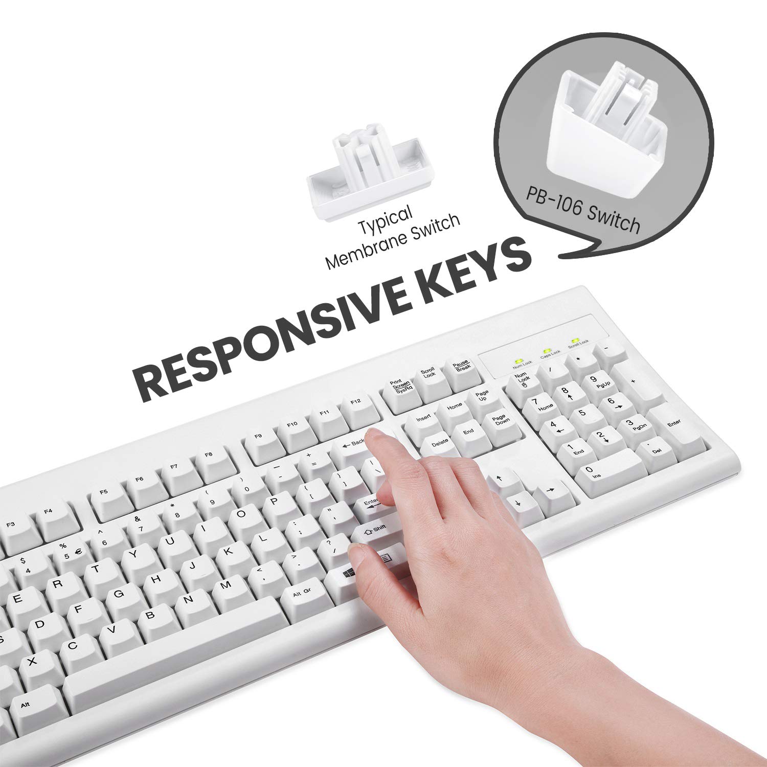 Perixx PERIBOARD-106 US W, Performance wired keyboard - 20 Million Key Press Life - Full Size 17.9"x6.6"x1.7" - White