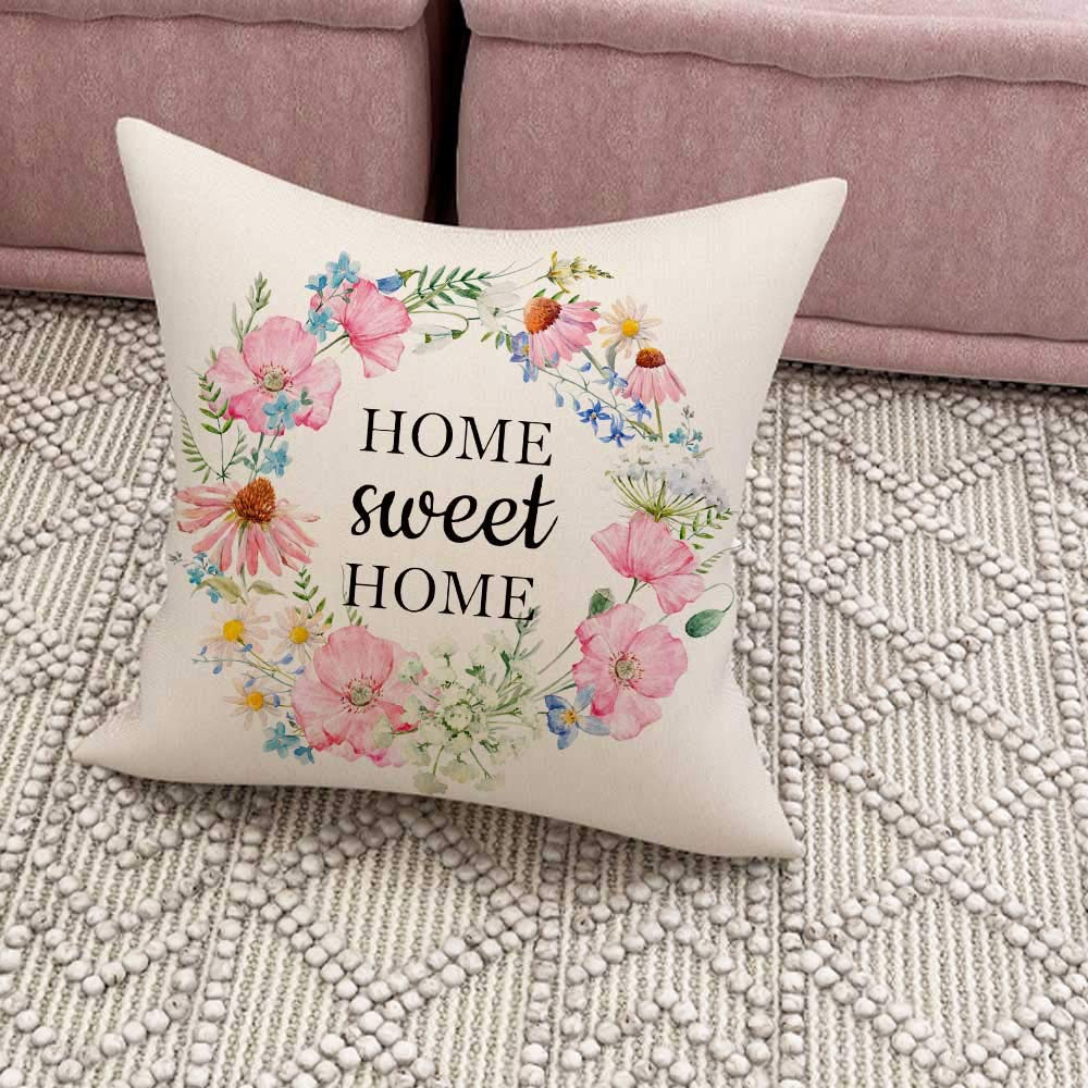 FIBEROMANCE Spring Pillow Cover 18x18 Flower Pillow Home Sweet Home Spring Floral Garden Wreath Farmhouse Décor Throw Pillow Covers Pillow Case for Sofa Couch Home Decoration