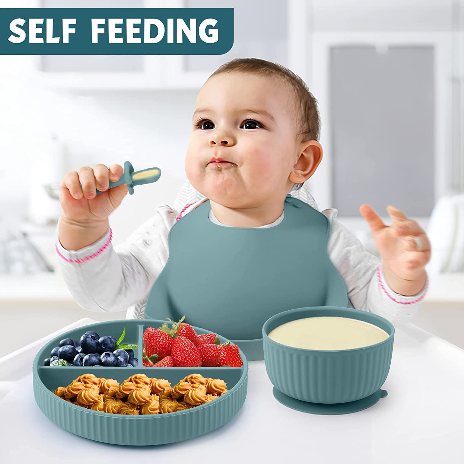 Silicone Baby Feeding Set, 2 Adjustable Bibs with Food Collectors, 1 Suction Cup Divider, 1 Suction Cup, 1 Sippy Cup,1 Stage 1 Spoon and 1 Fork, Baby Led Weaning Utensils,Toddler Self Feeding Set