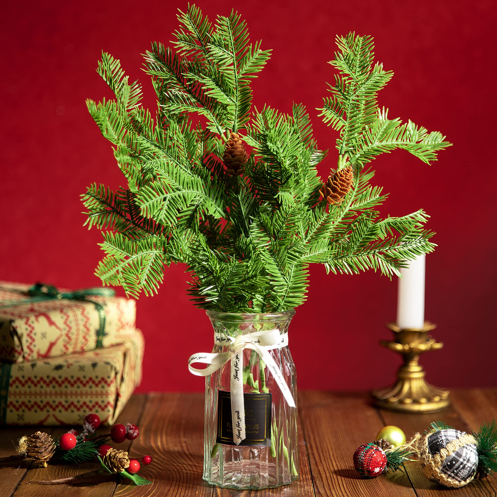 Watayo 8 Pcs Large Artificial Pine Needles Branches- 16" x 7" Christmas Fake Greenery Pine Picks with Pinecone- Faux Pine Leaves Sprigs for Christmas Garland Wreath & Home Garden Decoration