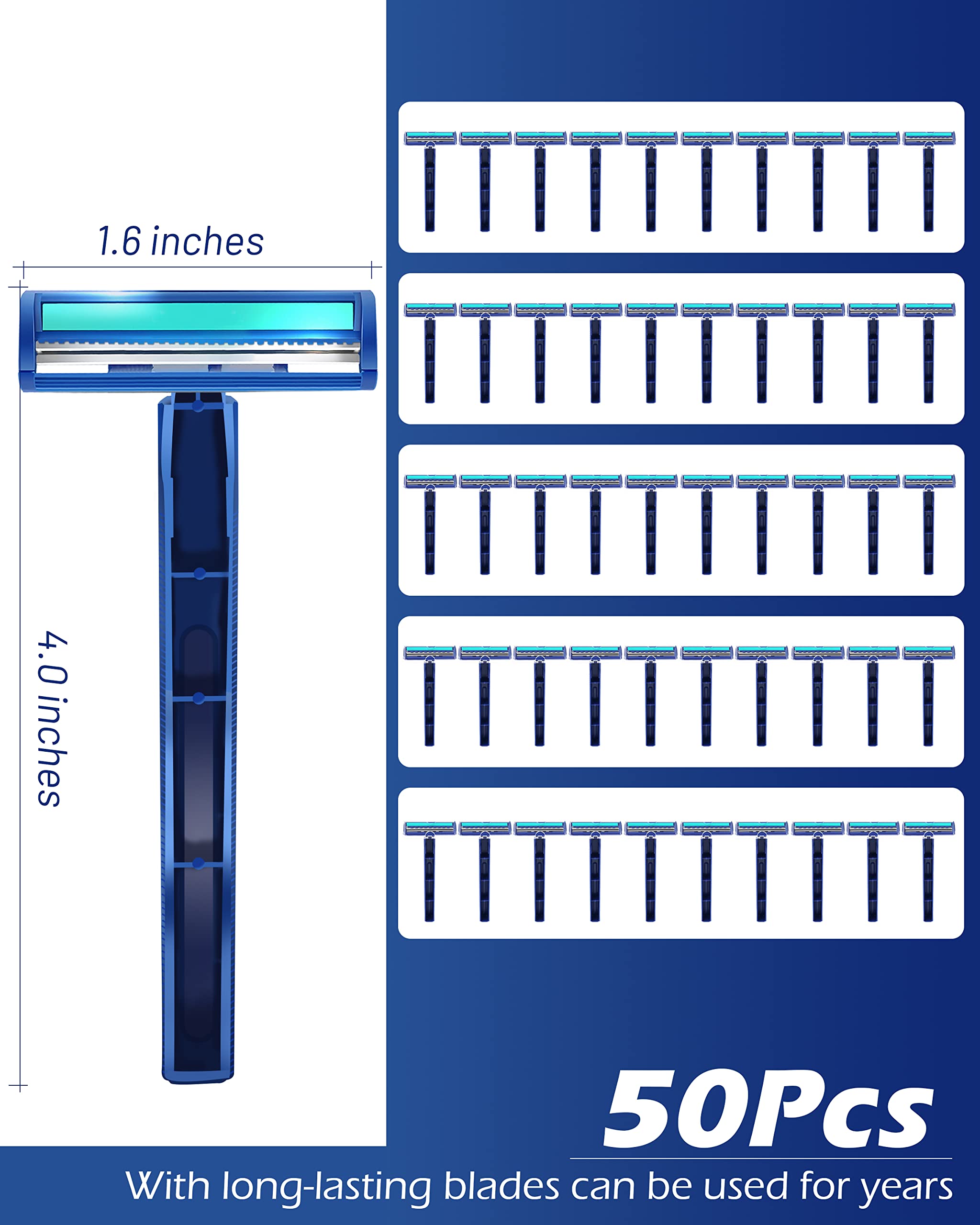 Disposable Razors for Men, 50 Count Men Razora for Shaving with Lubricating Strips, Twin Hypoallergenic Stainless-Steel Travel Razor for Men Sensitive Skin Blue