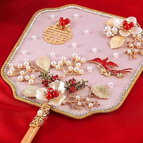 Albert Ancient Wind Bride Chinese-Style Hand-held Flower DIY Material Package Fan Show Woil Married Hanfu COS Pearl Happy Fan (Color : C)