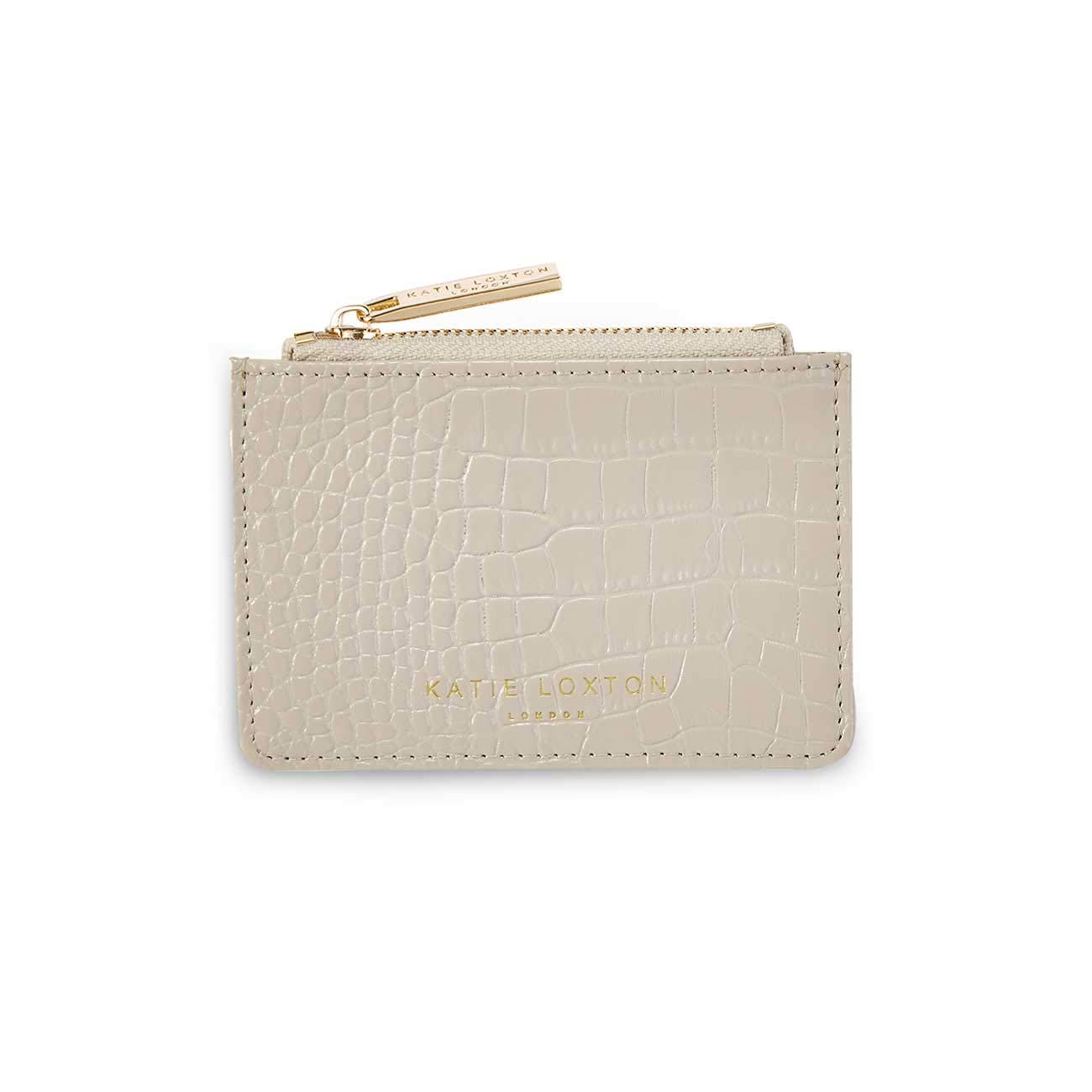 KATIE LOXTON Faux Crocodile Print Womens Medium Vegan Leather Zippered Card Holder Wallet Stone