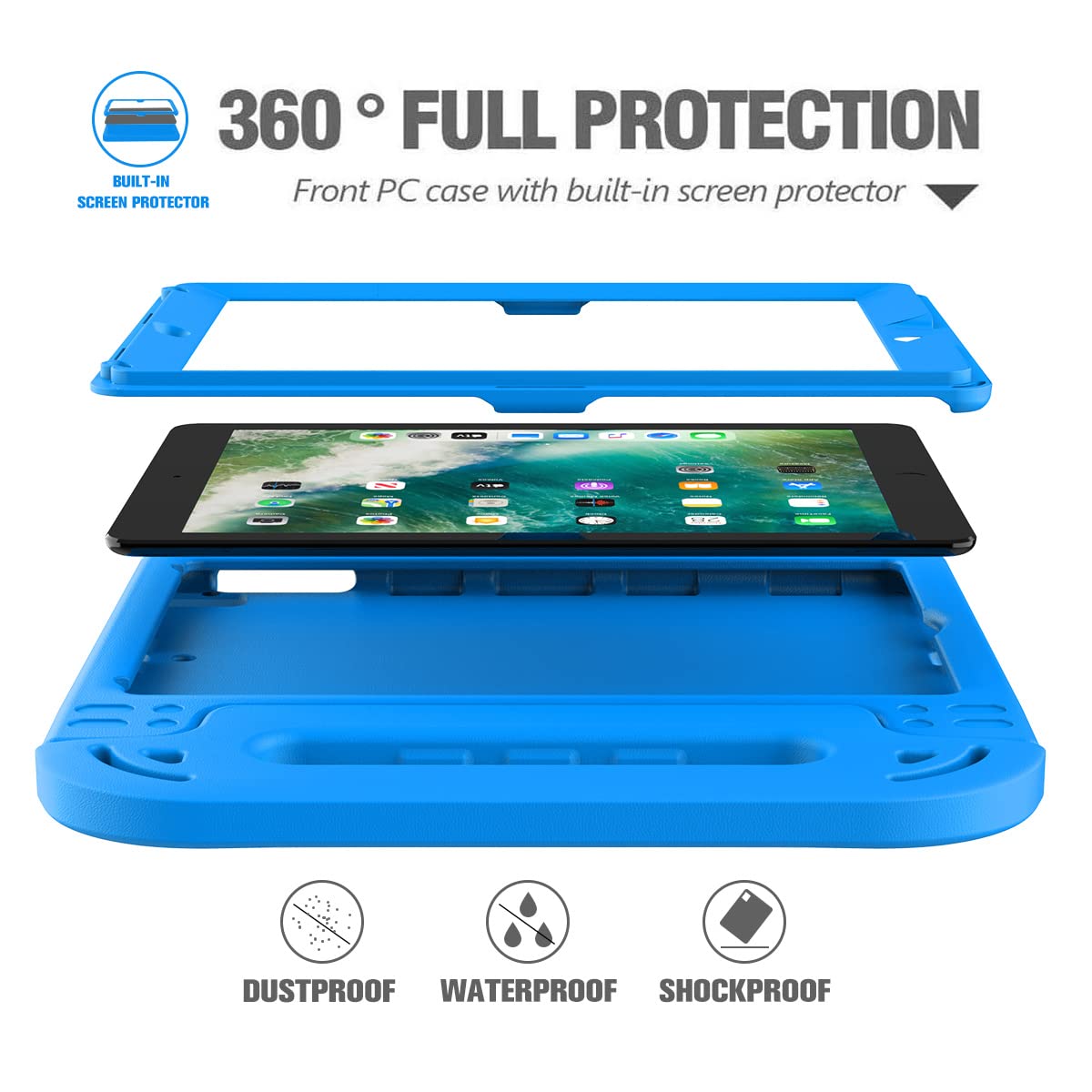 AVAWO iPad 6th/5th Generation Kids Case, iPad 9.7 Case (2017/2018) & Air 2, Built in Screen Protector, Shockproof Handle Stand Kids Protective Case Cover for iPad 9.7 Inch 6th/5th Gen & Air 2, Blue