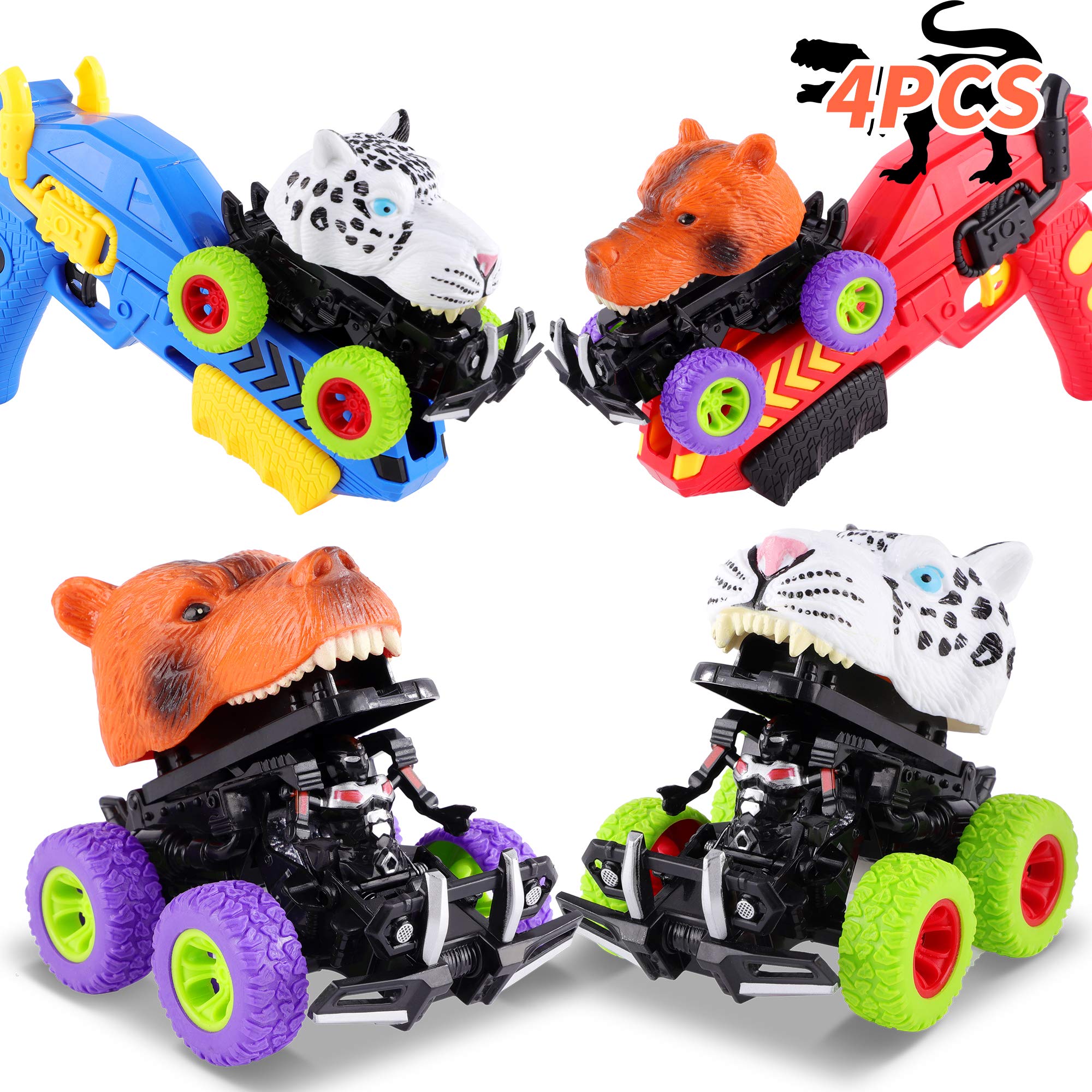 FiGoal Two Pack Monster Cars with Toy Gun Launchers Gifts for Kids for Family Fun Friction Powered Toy Cars Vehicles for Boys and Toddlers Games Toys Gifts for Birthday