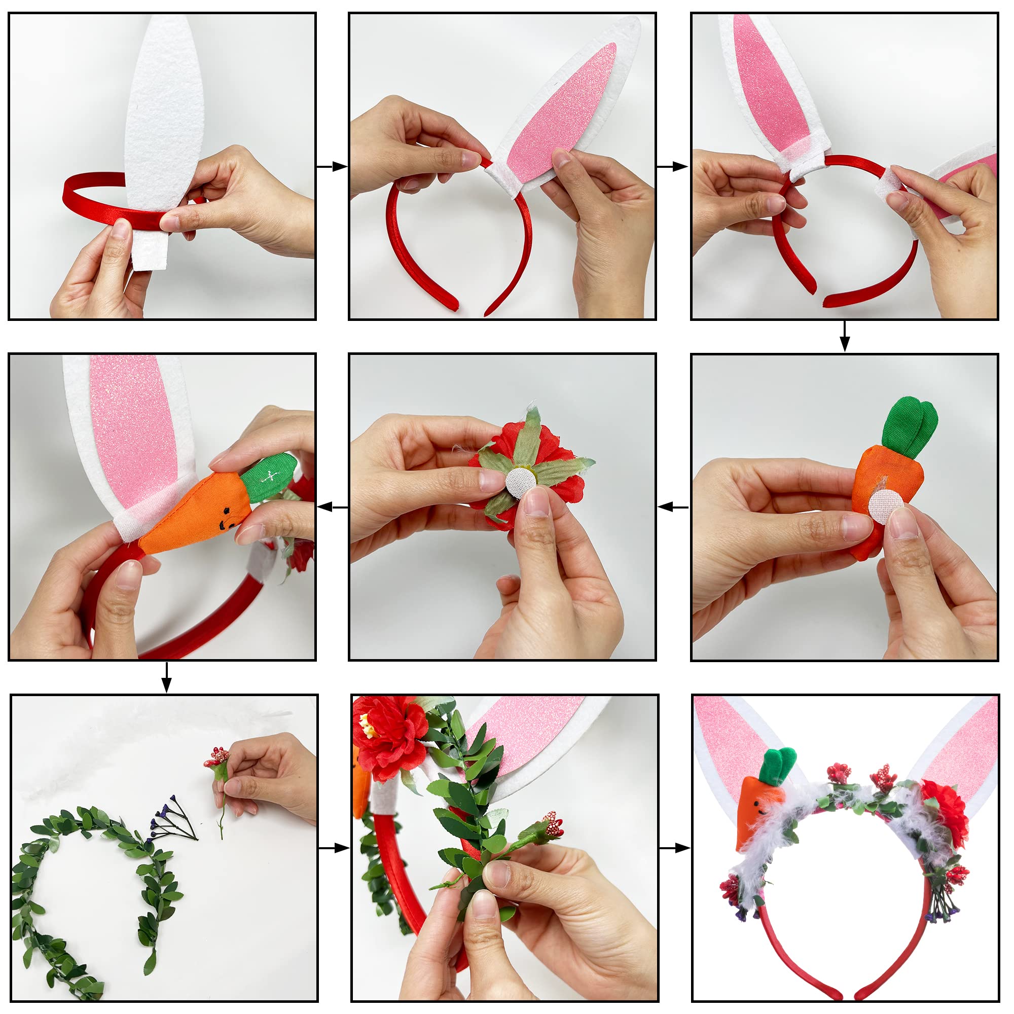 Klever Kits 6 Packs Easter Bunny Headbands Craft Kits Easter Rabbit Bunny Ears Flower Crown Headbands for Kids, Make Your Own Headband for Girls Easter Arts & Crafts Party Supplies, Easter Decorations