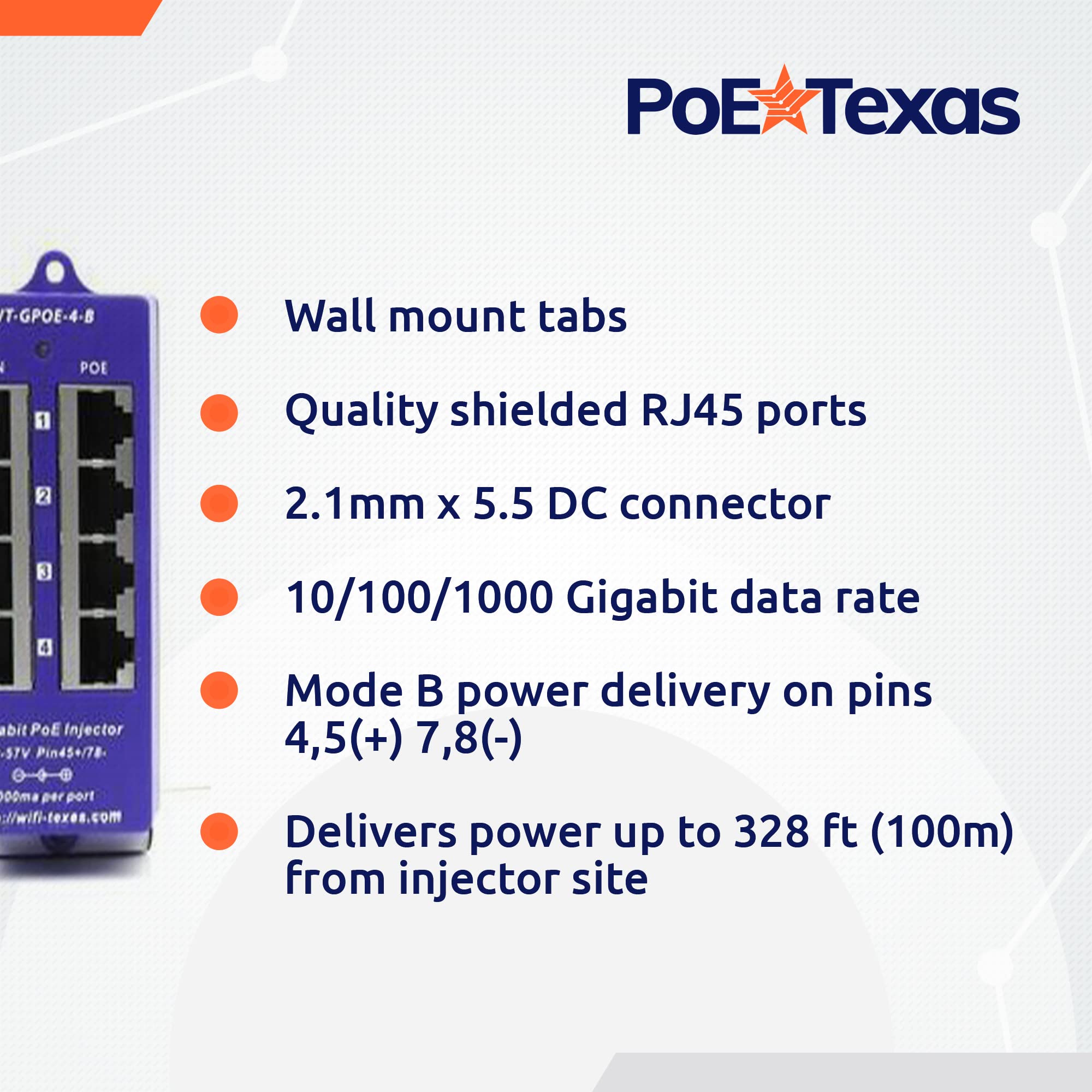 PoE Texas 4 Port 24V Passive PoE Injector with 24V 30W UL/FCC Certified Power Supply - Gigabit Injector - Passive Power Over Ethernet Multi Port PoE Adapter for Ubiquiti, Mikrotik, 24 Volt PoE Devices