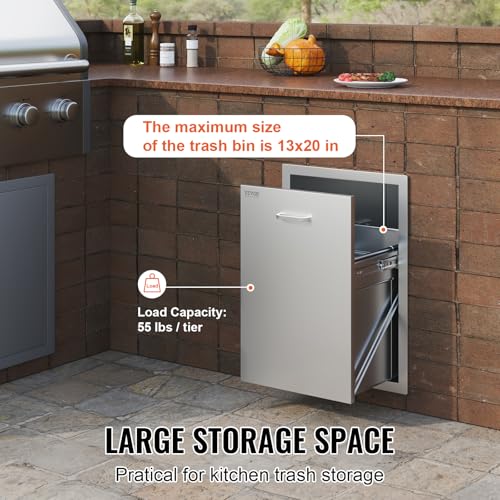 VEVOR Pull Out Trash Drawer 17.7x22.8 Inch Raised Style Trash Bin with Pull-Out Tray Stainless Steel Trash Drawer with Handle for Outdoor Kitchen BBQ Island
