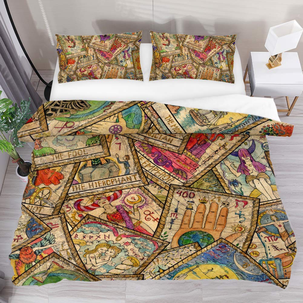 AISSO Vintage Tarot Cards Bedding Duvet Cover Set Reversible Full Comforter Set Cotton 1 Duvet Cover with Zipper and 2 Pillowcases
