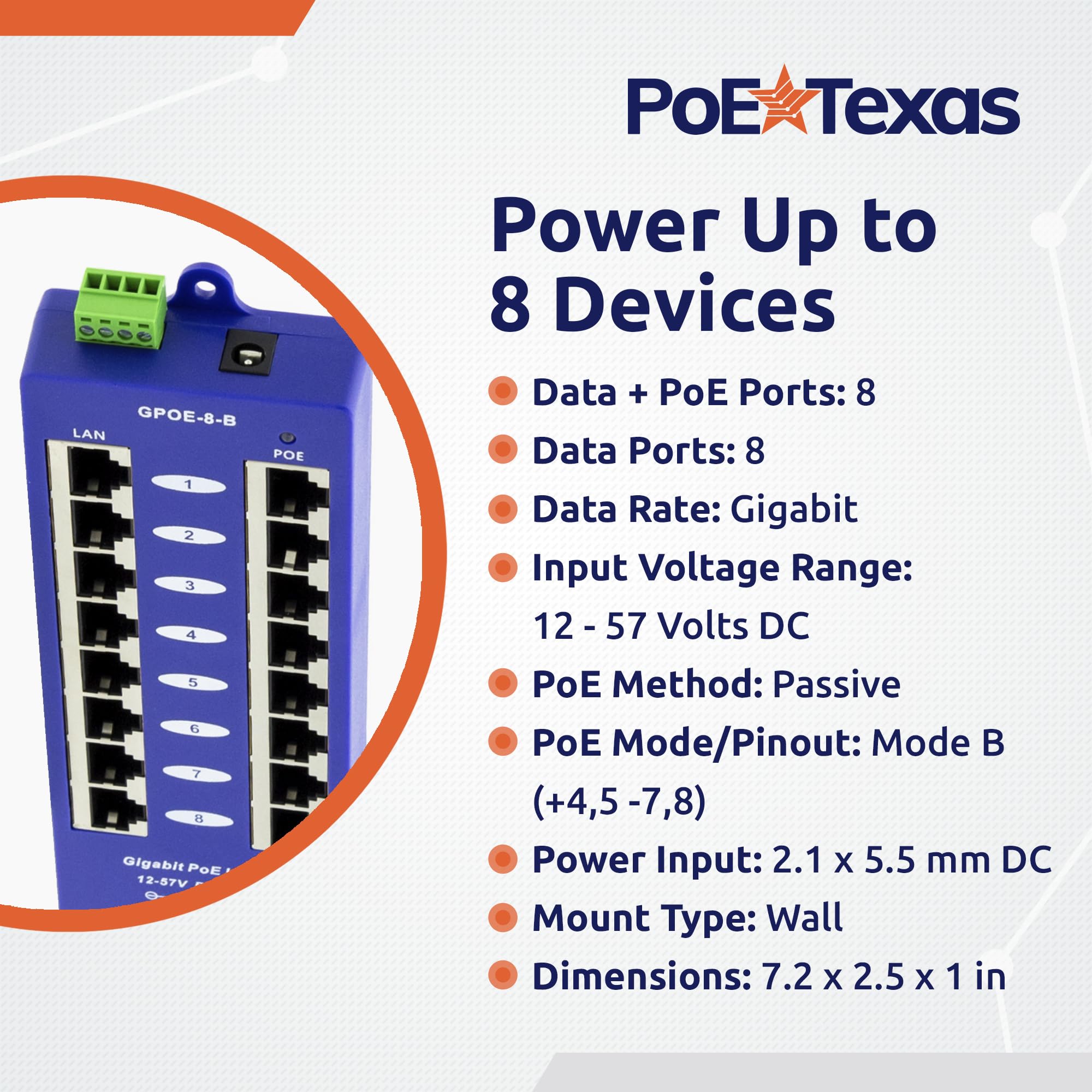 PoE Texas GPOE-8B - 8 Port PoE Injector - Gigabit Passive Mode B Power Over Ethernet Injector for Ubiquiti, Mikrotik & More - Add PoE to A Non-PoE Switch - 24v, 48v or 56v Power Supply Sold Separately