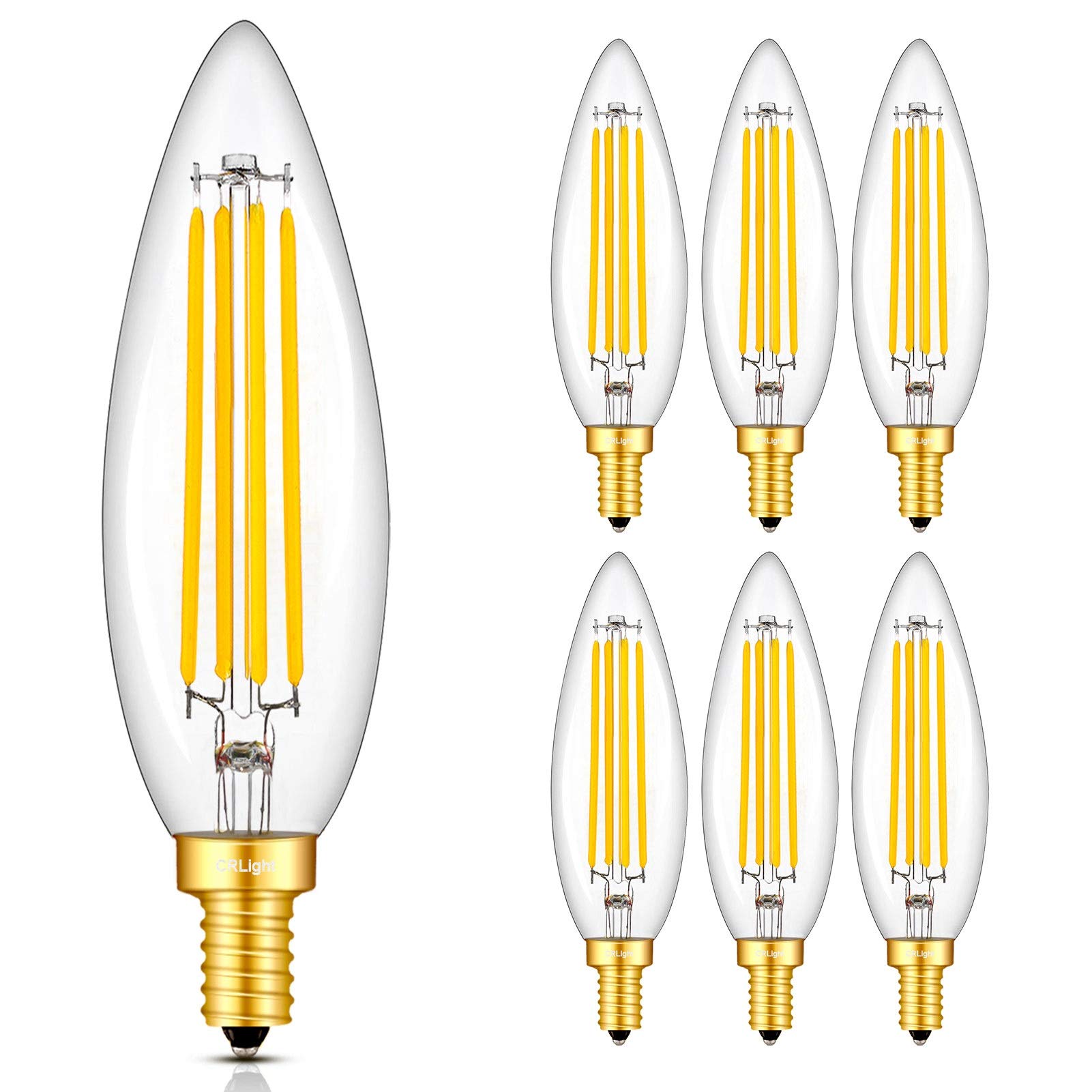 CRLight 8W Smooth Dimmable LED Candelabra Bulb, 3000K Soft White 800 LM 80W Incandescent Equivalent, E12 LED Filament Candle Bulbs, Large Size B11 Clear Torpedo Shape, 6 Pack