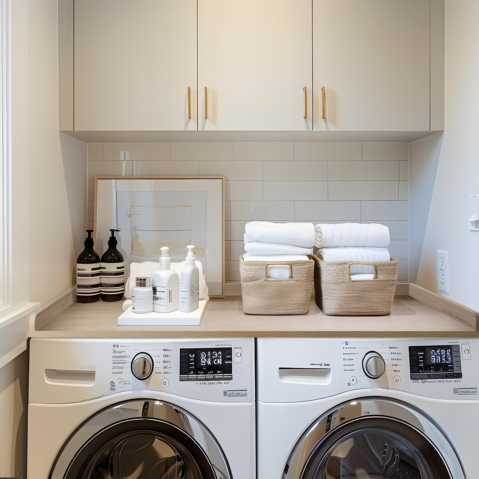 Kaboon Washer Dryer Countertop, Melamine Countertop with Edge Rails - 27.5" Depth x 54" Width Laundry Room Organization,Oak(Grey Tone)