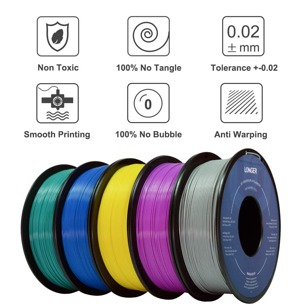 LONGER PLA 3D Printer Filament 1.75mm, Dimensional Accuracy +/- 0.02 mm, No Tangle, Environmental Friendly, Widely Compatibility (Grey, 1KG)