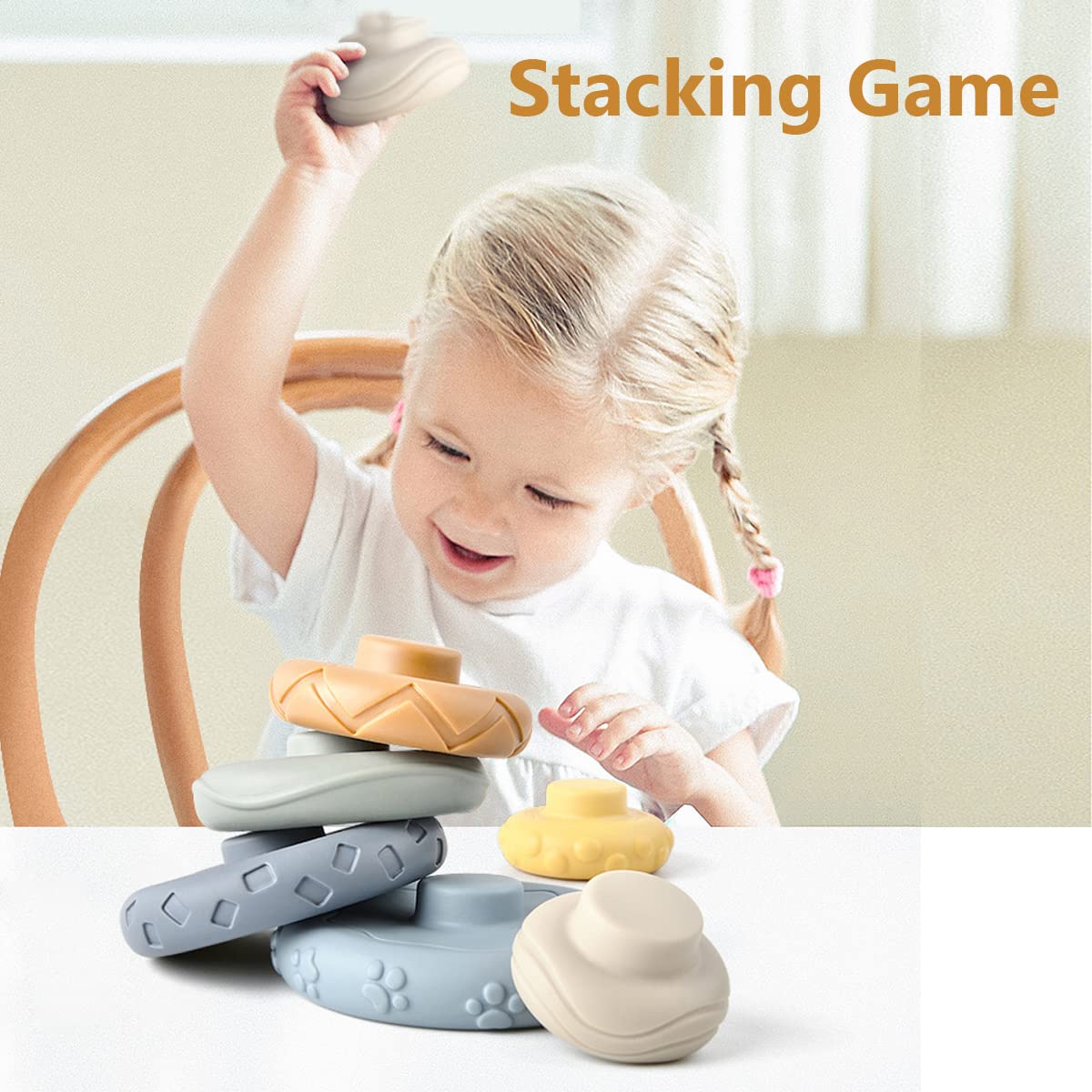 KOESMG 7 PCS Stacking Nesting Circle Toy, Soft Squeeze Building Blocks Sensory Toys, Early Learning Color & Pattern Montessori Toys for 6 8 12 Months Toddlers