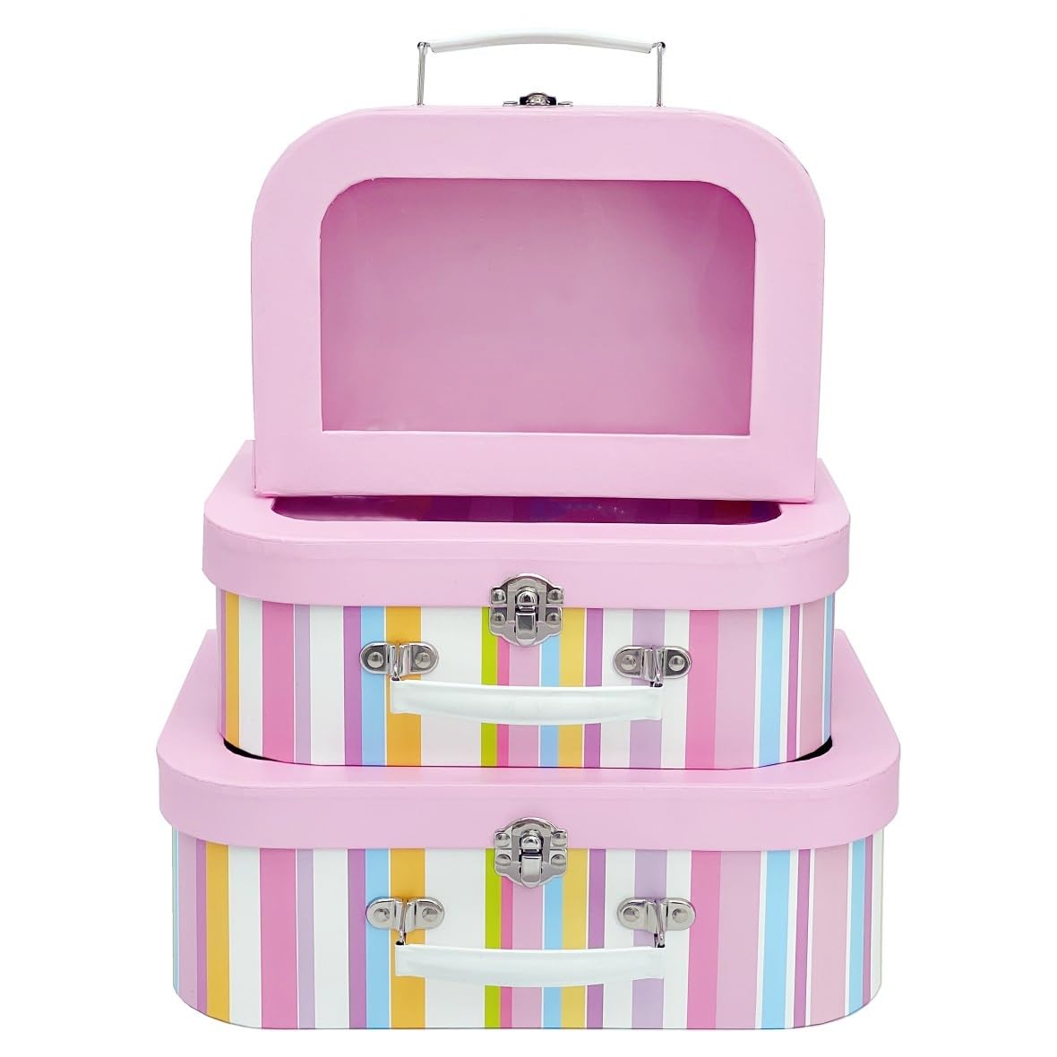 Amedoo Paperboard Suitcases Set of 3 Decorative Storage Boxes, Nesting Gift Boxes with Clear Lids, Mini Suitcases, Cute Boxes be Compatible with Barbie Doll Clothes Toys New Year Decor(Rainbow)
