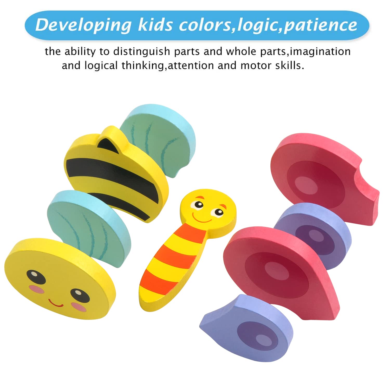 FINGOOO 2 Pack Wooden Puzzles for Toddlers 1-3,Baby Puzzle Educational Toy Gift (Butterfly Bee)