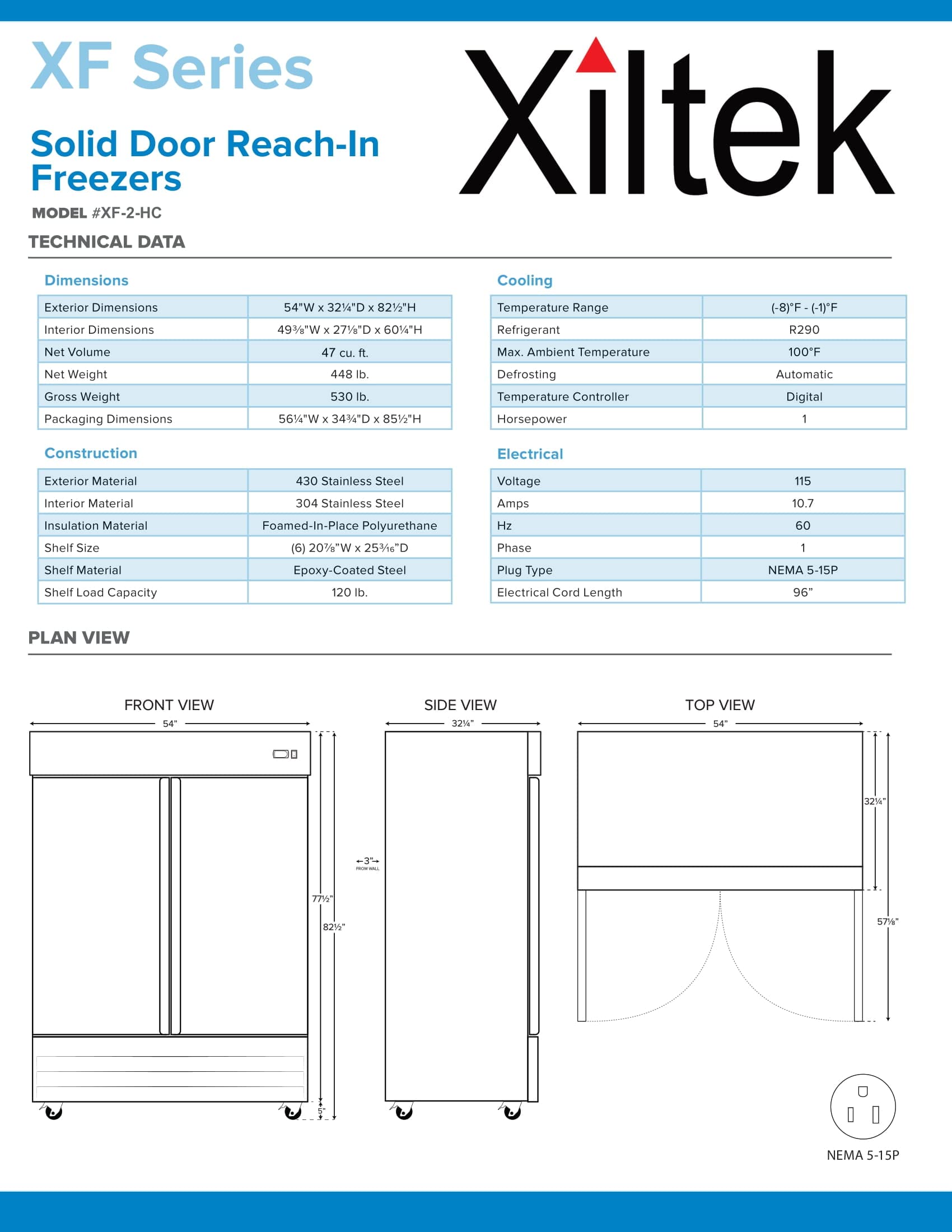 Xiltek 54" Two Solid Door Reach In Commercial Freezer Stainless Interior 47 cu.ft