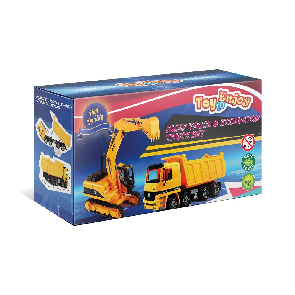 Toy To Enjoy Excavator & Dump Truck Toy for Kids (Set of 3) with 1.1 LB Play Sand – Moveable Claw & Lifting Back – Garbage Truck & Bulldozer Digger – Construction Vehicle for Kids & Children