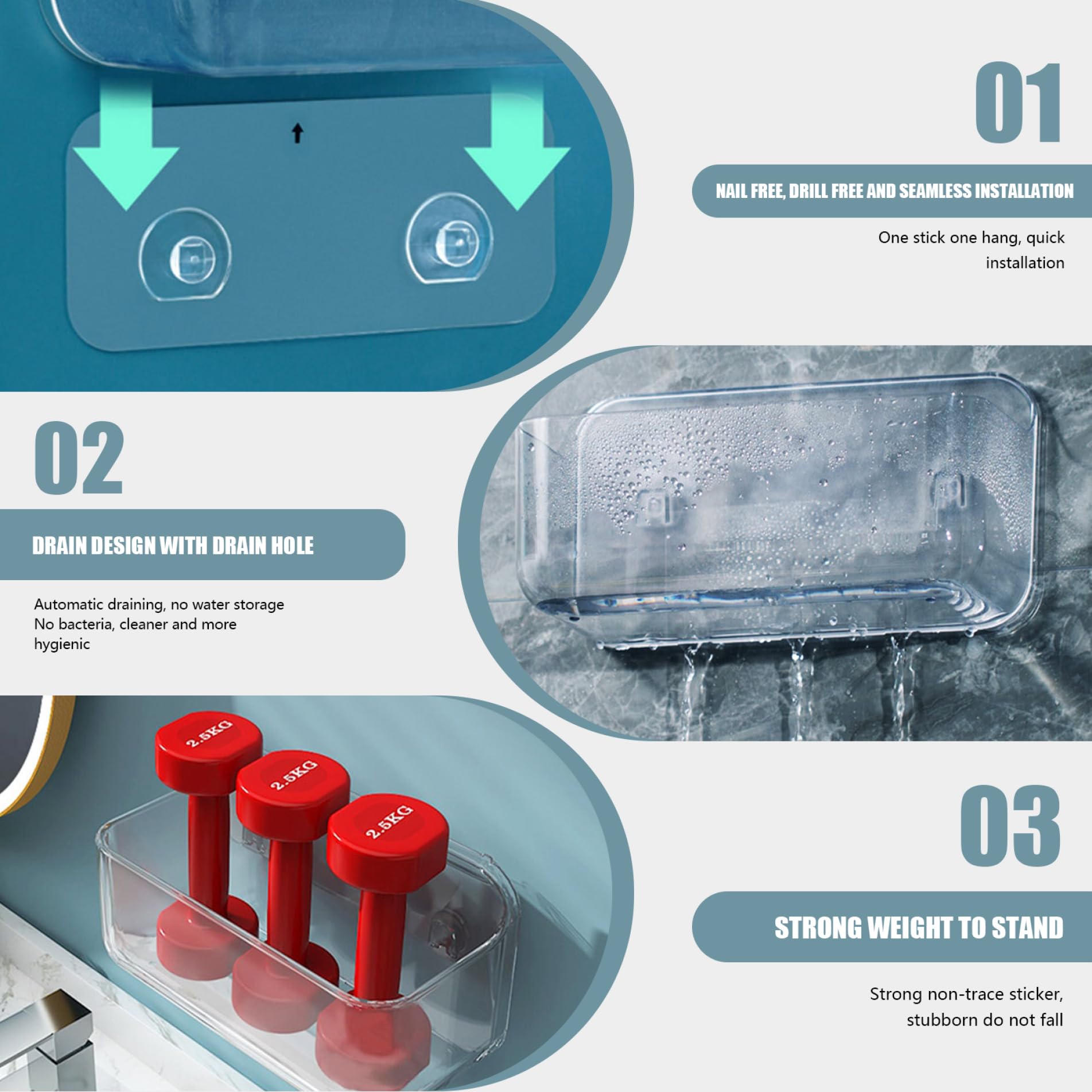 Bathroom Wall Organizer, 7.1x3.2x4.7 Clear Plastic Adhesive Shelf, Cabinet Door Organizer with Drain Hole, Punch Free Storage Racks for Bathroom, Small, Cabinet Door Organizer