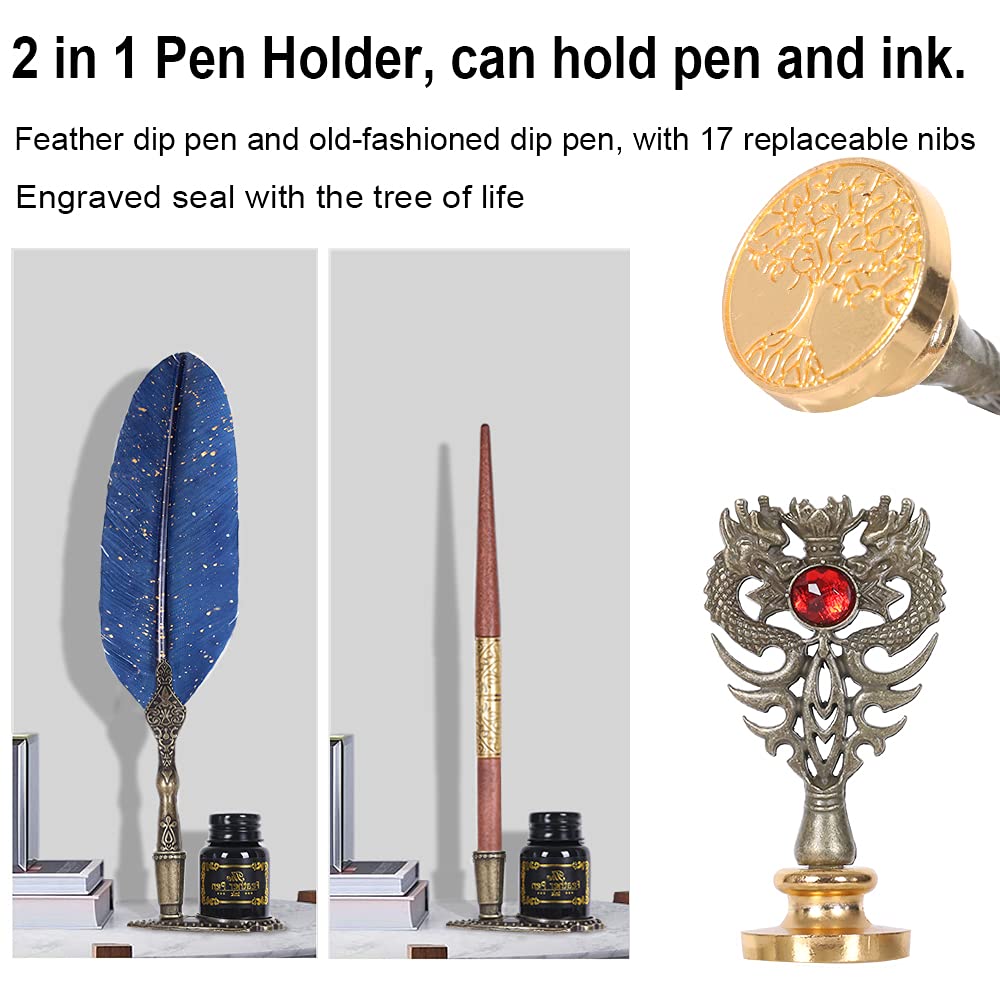 AIYNC Quill Pen Ink Set,Includes Feather Pen and wooden dip pen, Ink,17 Replacement Nib,Pen Nib Base,3 Wax Seal Sticks,Stamp,White Wax,Spoon, Envelope Letter Paper,envelope tool (Black)
