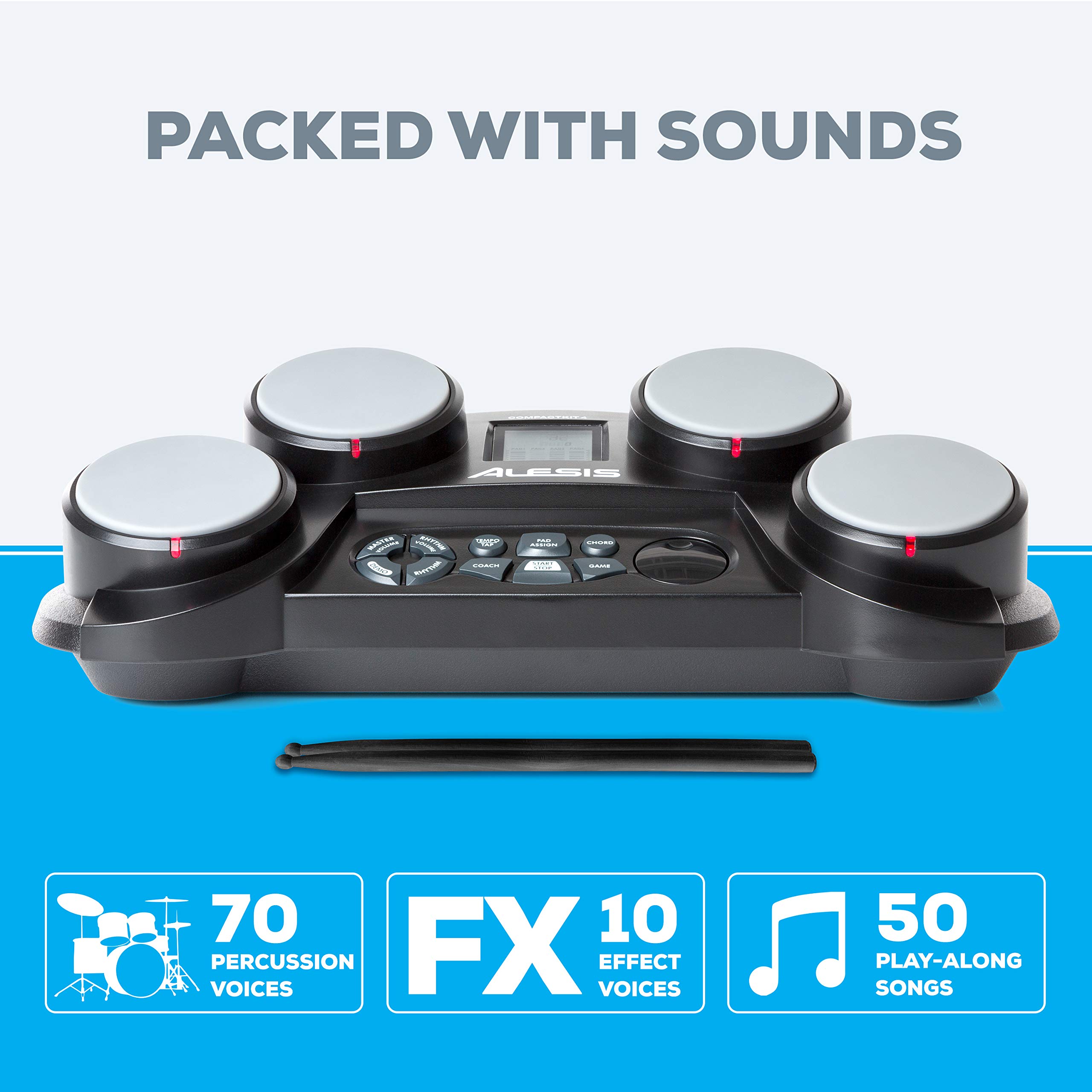 Alesis Compact Kit 4 - Portable 4-Pad Tabletop Electronic Drum Kit with Velocity-Sensitive Drum Pads + Numark HF125 - On-Ear Headphones with 6ft Cable