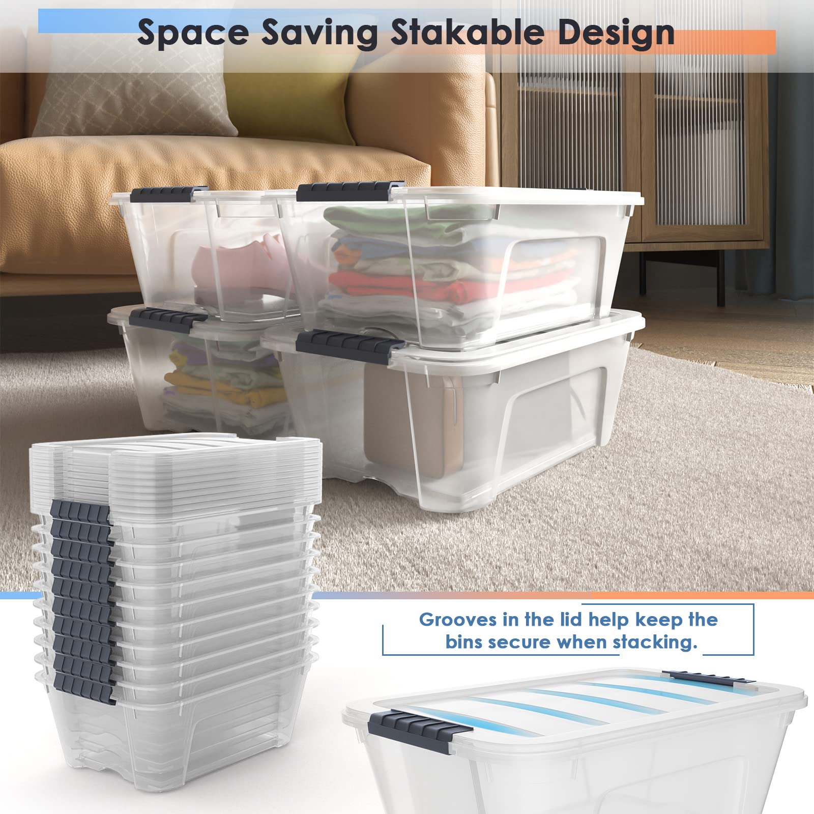 GORELAX 12 PCS Clear Plastic Storage Bins with Lid, 12 L/13 Qt. Tote Boxes w/Ultra Latching Handle, Nestable & Stackable Storage Containers for Organizing, Pantry, Clothes