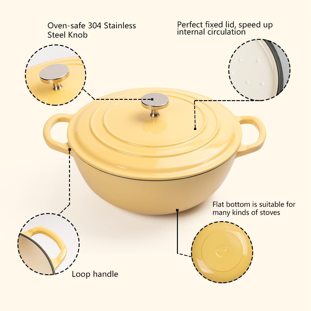 M-COOKER 4.5 Quart Dutch Oven Pot with Lid: Versatile Cast Iron Enamel Dutch Oven for Sourdough Bread Baking or Frying, Roasting, and Simmering(Yellow), 13.7Lx10.2Wx6H