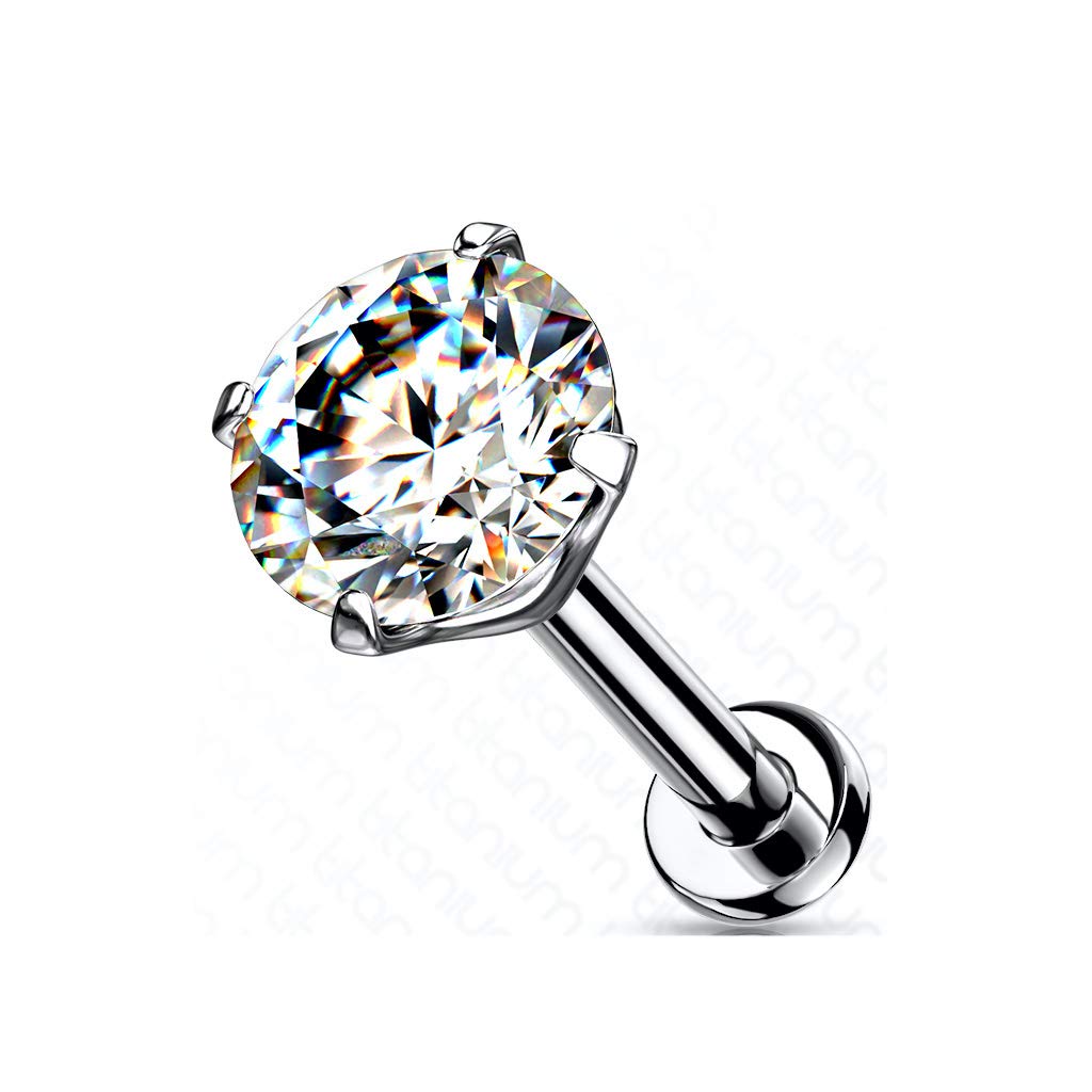Amelia Fashion Implant Grade Titanium Threadless Push in Labret, Flat Back Studs with CZ Prong Set Top for Cartilage, Monroe, Nose and More (Choose Size) (16GA (1.2mm) L.5/16" (8mm) BALL: 3mm)