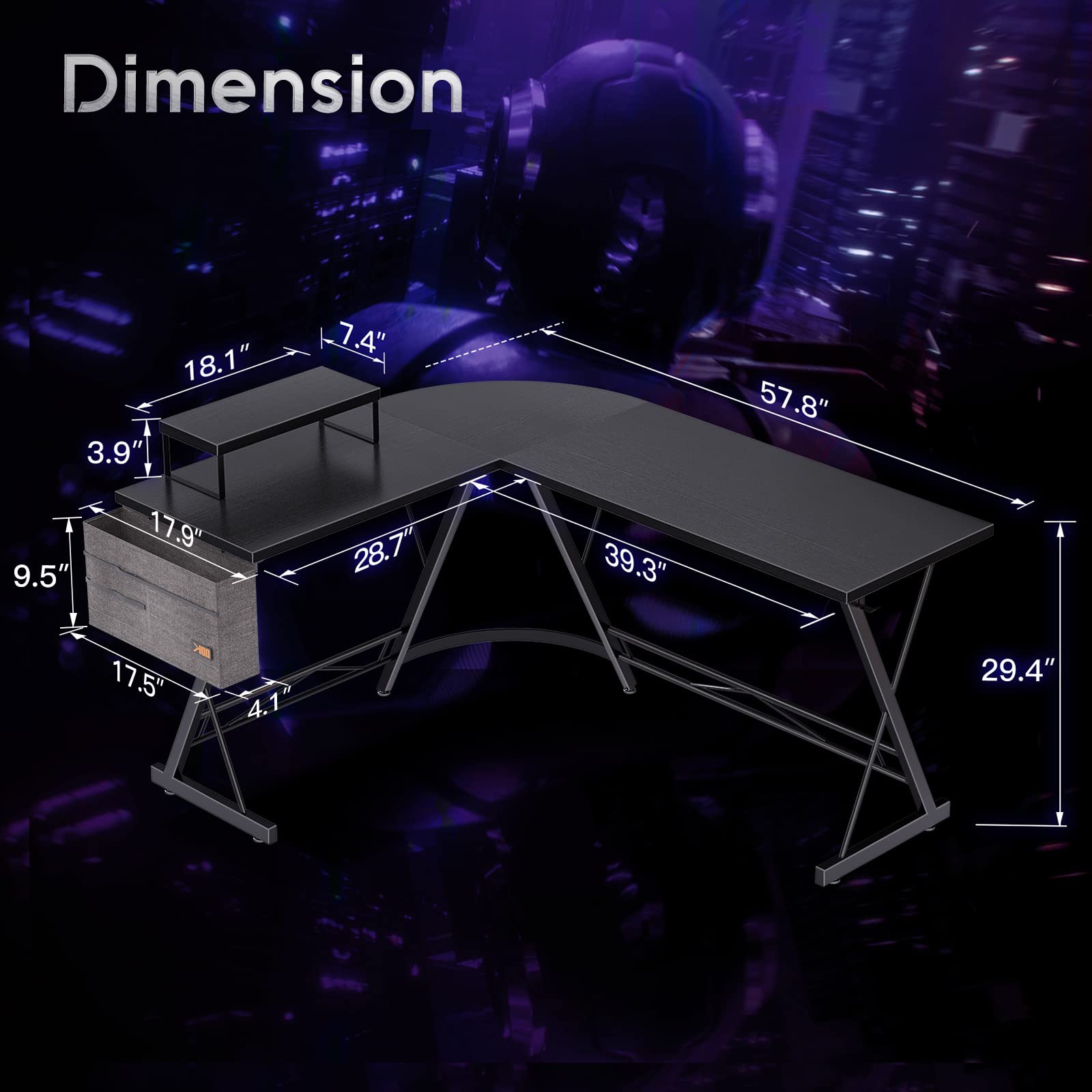 Casaottima L Shaped Gaming Desk, 58" Home Office Desk with Round Corner, Computer Desk with Large Monitor Stand Desk Workstation, Black