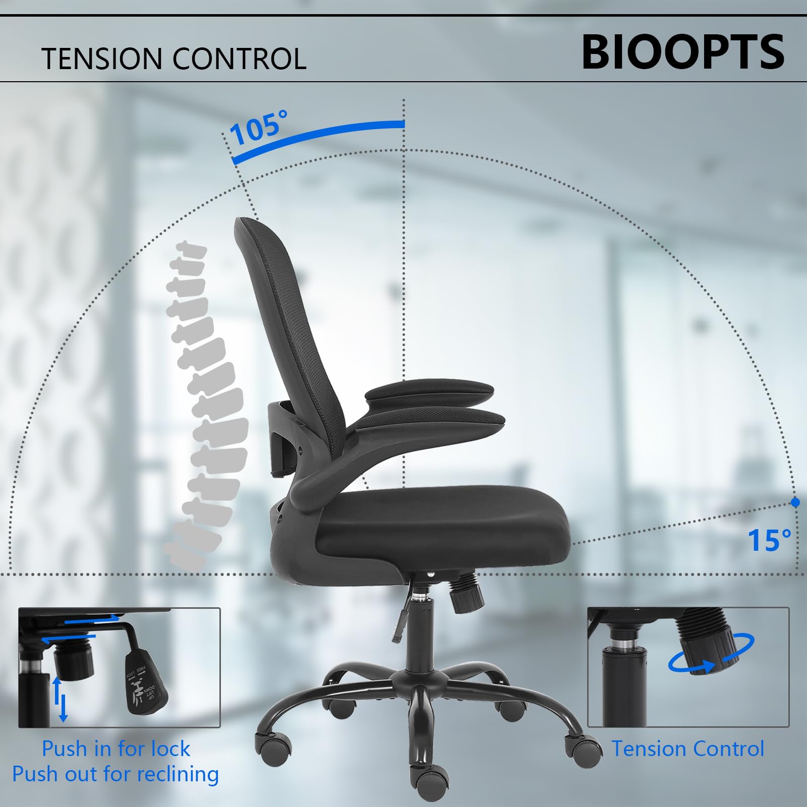 Bioopts Mesh Office Chair Ergonomic Gaming Computer Chair Flip Up Armrests Lumbar Support 360° Swivel Adjustable Height Reclining Angle