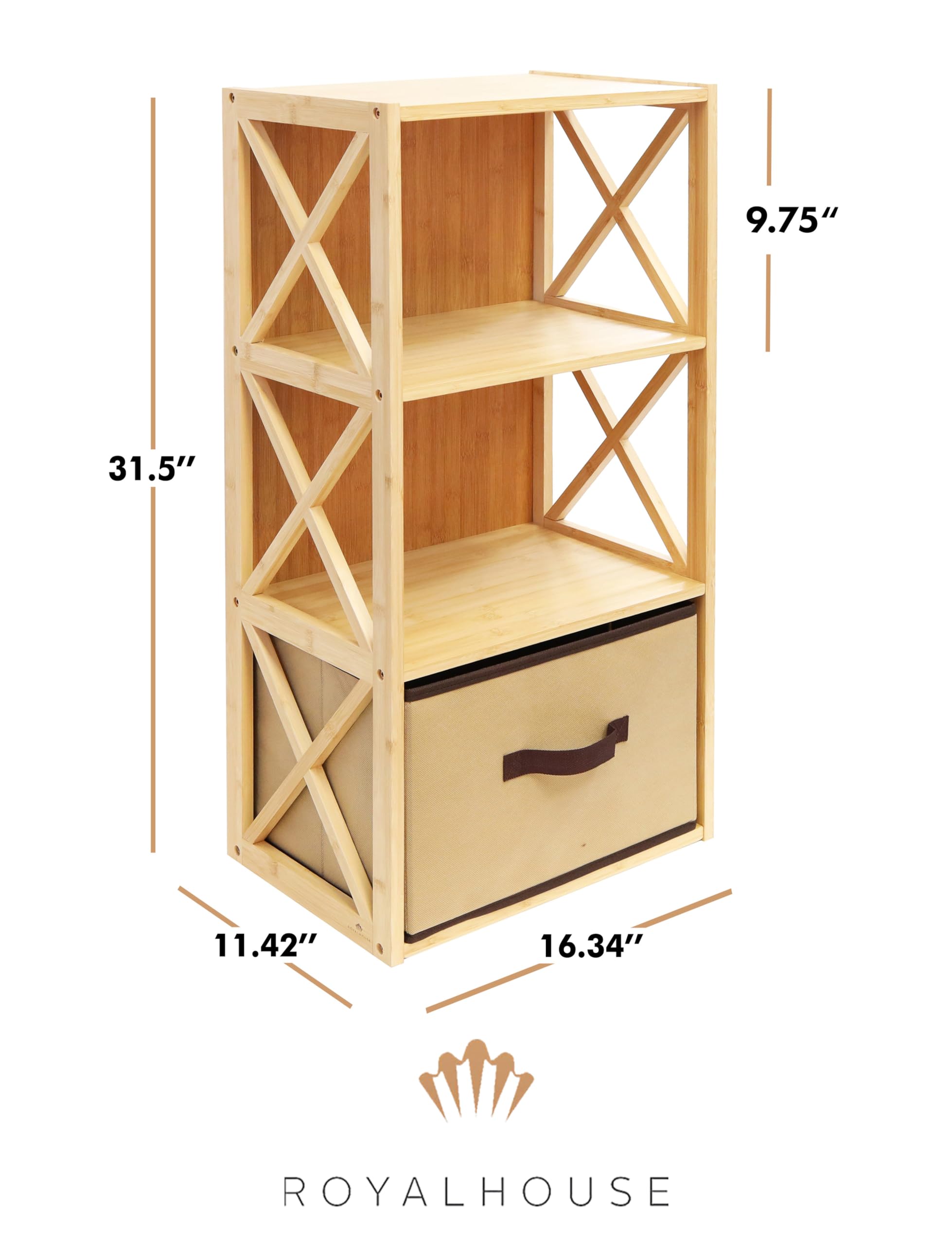 RoyalHouse Bamboo Storage Cabinet with Basket, 3-Tier Open Shelf, Cabinet for Bathroom, Living Room, Bedroom, Kitchen,Office