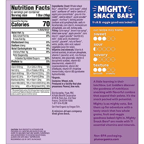 Plum Organics Mighty Snack Bars - Blueberry - 0.67 oz Bars (Pack of 6) - Organic Fruit and Vegetable Toddler Food Snack Bars