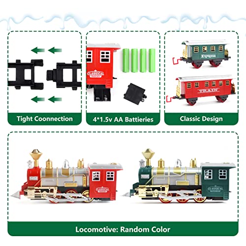 deAO Train Set for Christmas Tree,Classical Christmas Train Sets with Headlight, Smoke, Realistic Sounds, 3 Car Carriage and 11 Feet Track – Great Accessory for Kids and Christmas Decoration