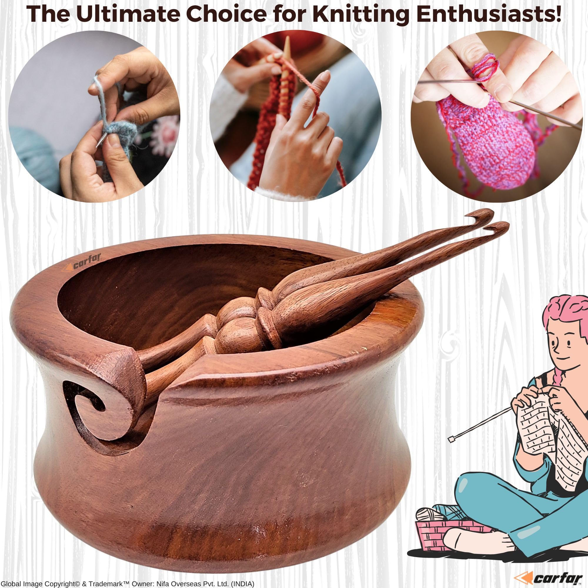 Carfar Knitting Yarn Bowl & Crochet Hooks Set Handmade Wooden Yarn Holder Bowl for Craft Crocheting and Knitting