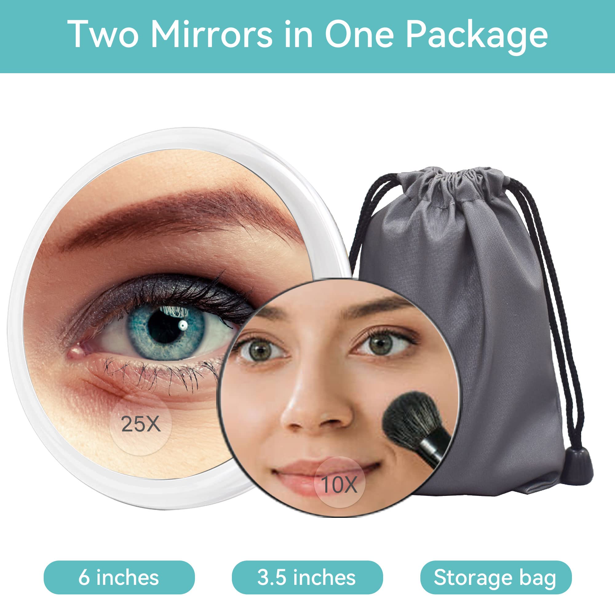 B Beauty Planet 25X Magnifying Mirror with Suction Cups Set for Easy Mounting, 25X 6IN & 10X 3.5IN Travel Magnified Mirror,Close Up Mirror for Precise Makeup Application