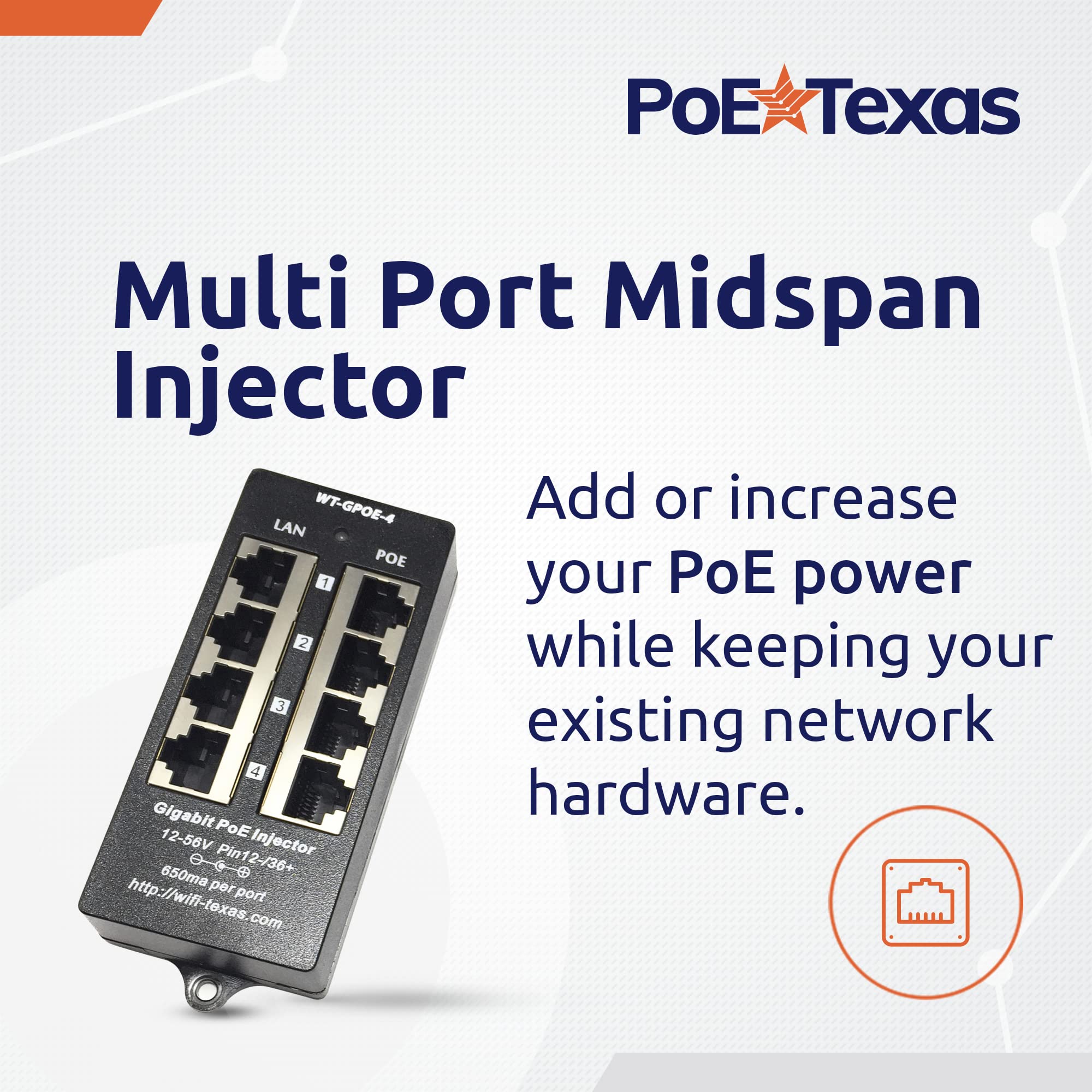 PoE Texas 4 Port PoE Injector - Gigabit Passive Power Over Ethernet with 48V 48W UL Power Supply - 802.3af PoE Injector for VoiP Phones, WiFi Access Points, IP Cameras - Add PoE to Any Switch