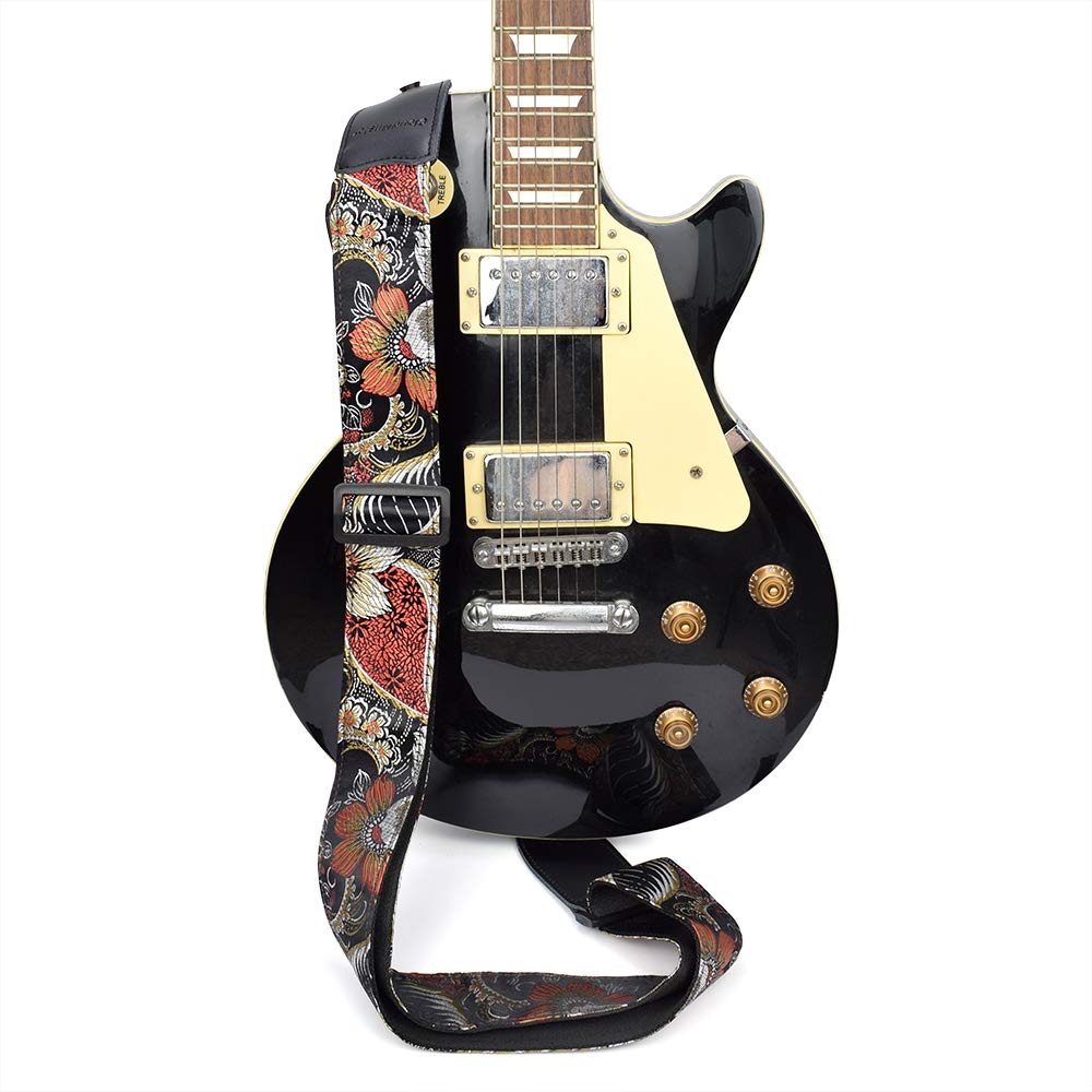 CLOUDMUSIC Guitar Strap For Acoustic Electric Embroidered Jacquard Vintage Floral Patterns(Flowers In Black)