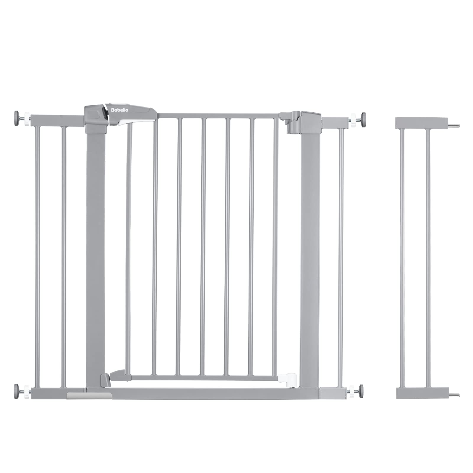BABELIO 26-45.5 Inch Easy Install Extra Wide Pressure Mounted Metal Baby Gate, No Drilling, No Tools Required, Pet Gate with Wall Protectors and Extenders (Gray)