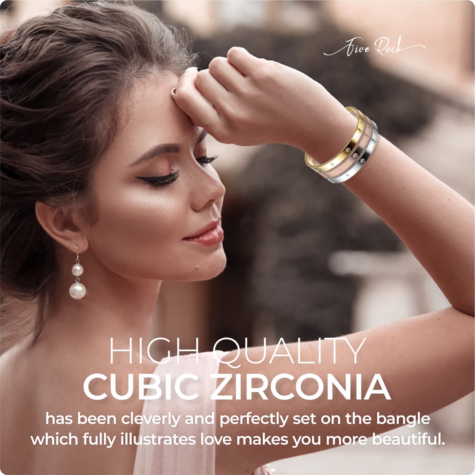 Five Rock Style" Elegant Bracelet Bangles Gift Box, 1 Silver, 1 Gold, 1 Rose Gold, Friendship Jewelry, Stainless Steel Hinged Love Bracelets with Select Cubic Zirconias (17cm)