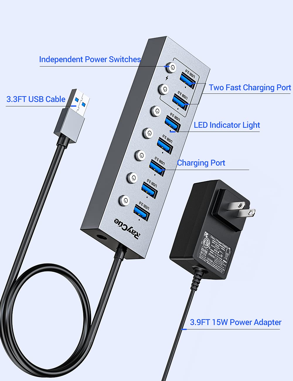 Powered USB 3.0 Hub, Aluminum 7-Port USB Data Hub Splitter with 5V/3A AC Adapter and Individual On/Off Switches, USB Hub Powered Charging for MacBook Pro/Air, PC, Laptops, Surface Pro,HP, etc