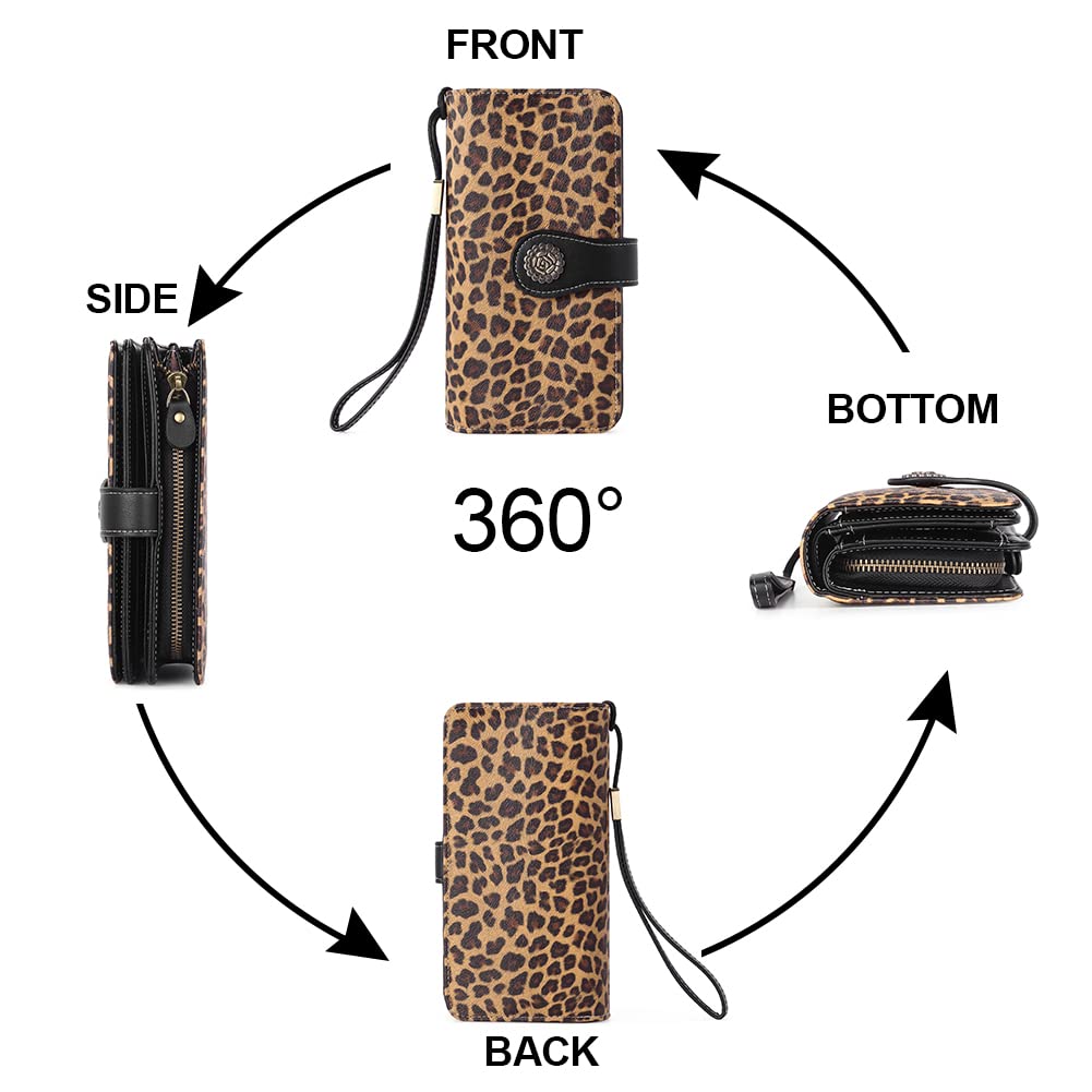 CLUCI Wallet for Women Leather Large Capacity Purse Wristlet Clutch RFID Blocking Credit Card Holder with ID Window Leopard