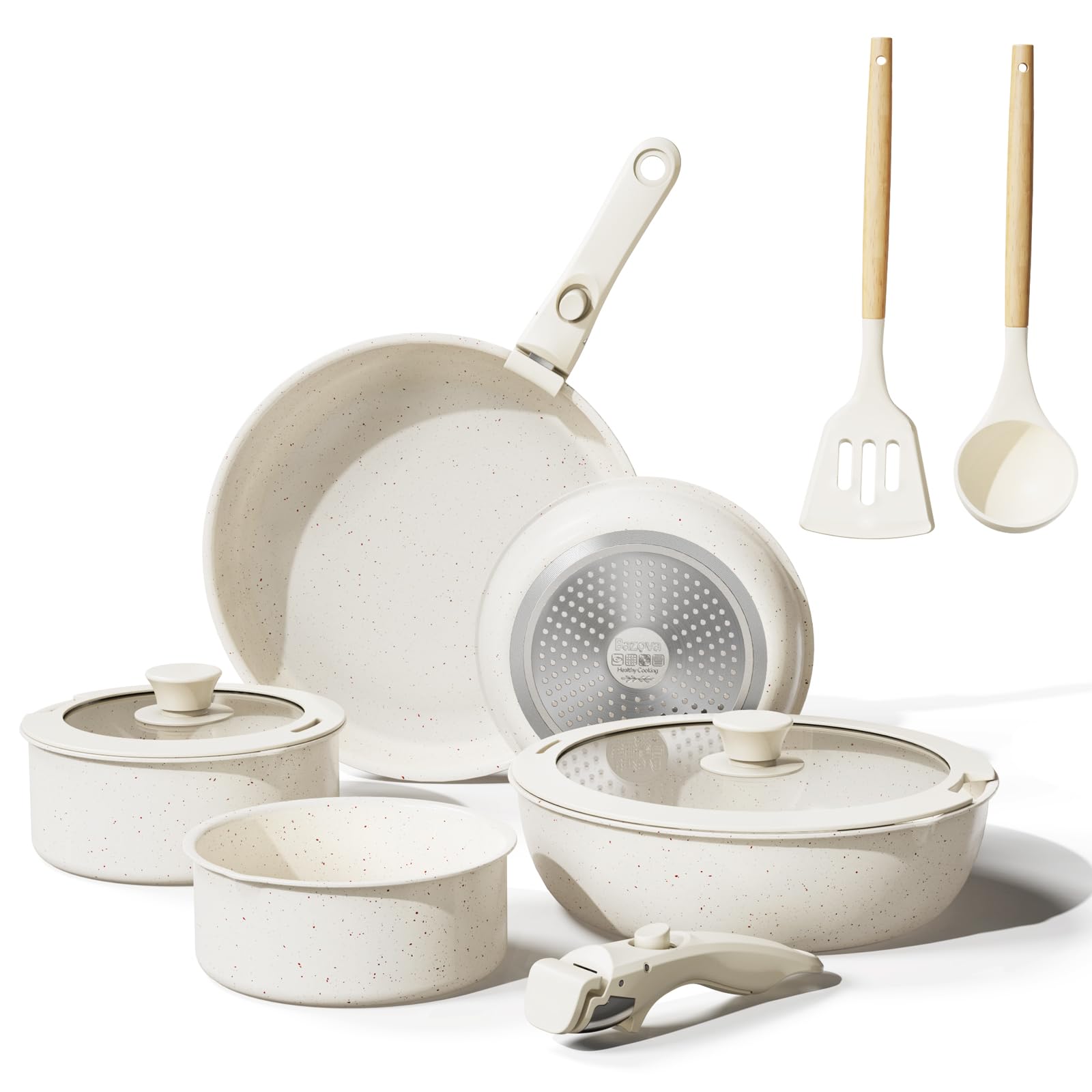 Bazova 11 Pcs Pots and Pans Set Non Stick with Removable Handles,Ceramic Cookware Set Non Toxic,Induction Kitchen Cooking Sets,Nonstick RV Cookware,Dishwasher/Oven Safe,PFAS/PTFE/PFOA Free,Cream White