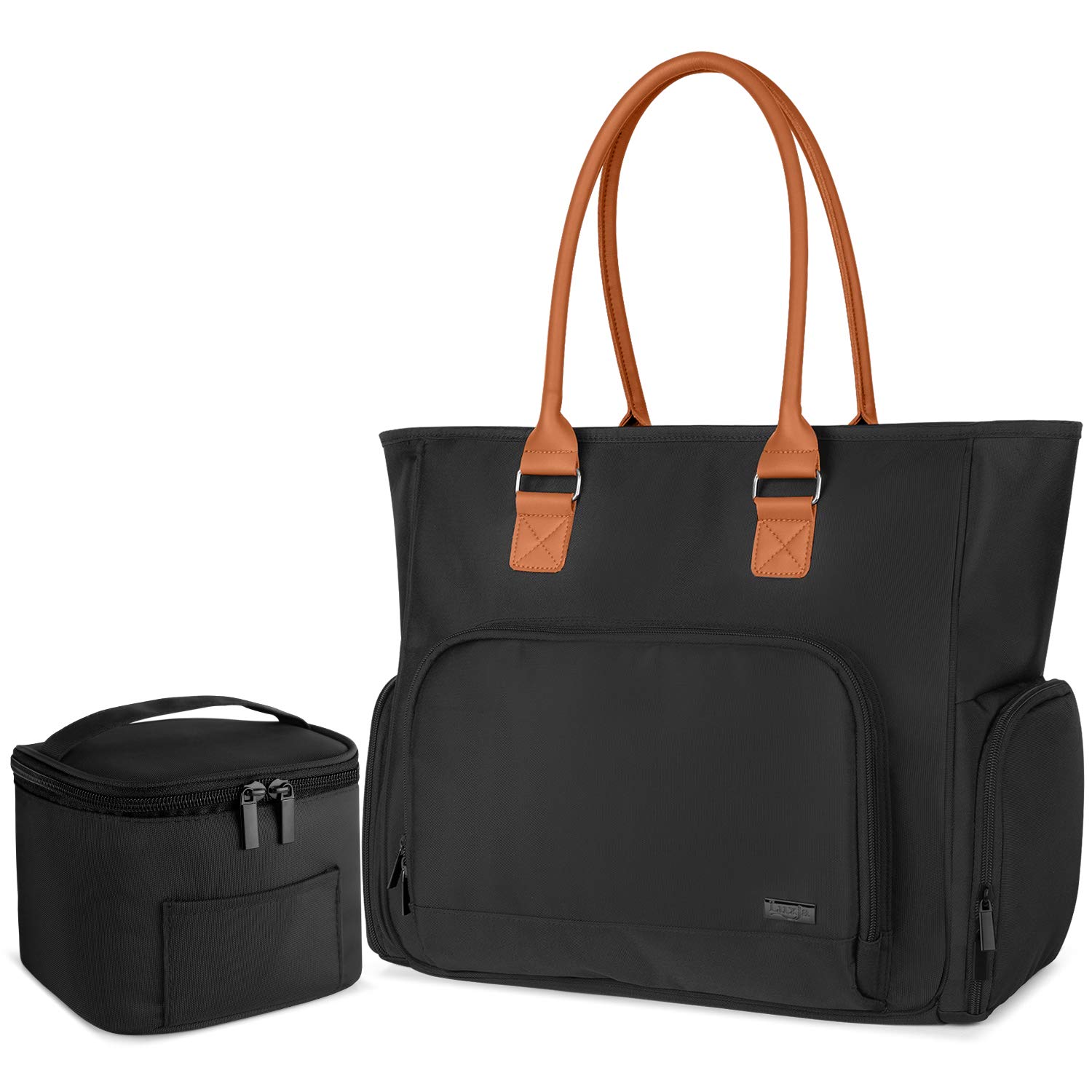 LUXJA Breast Pump Bag with Breastmilk Cooler Bag (Hold Four 5 Ounce Breastmilk Bottles), Leather Handle Breast Pump Tote for Working Mothers (With a Laptop Pocket), Black
